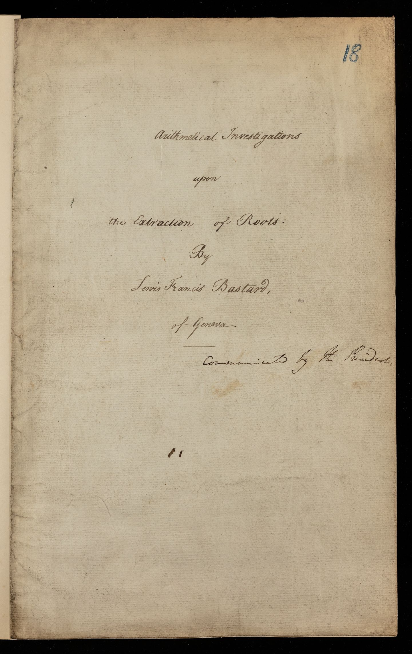 Unpublished paper, 'Arithmetical investigations upon the extraction of ...