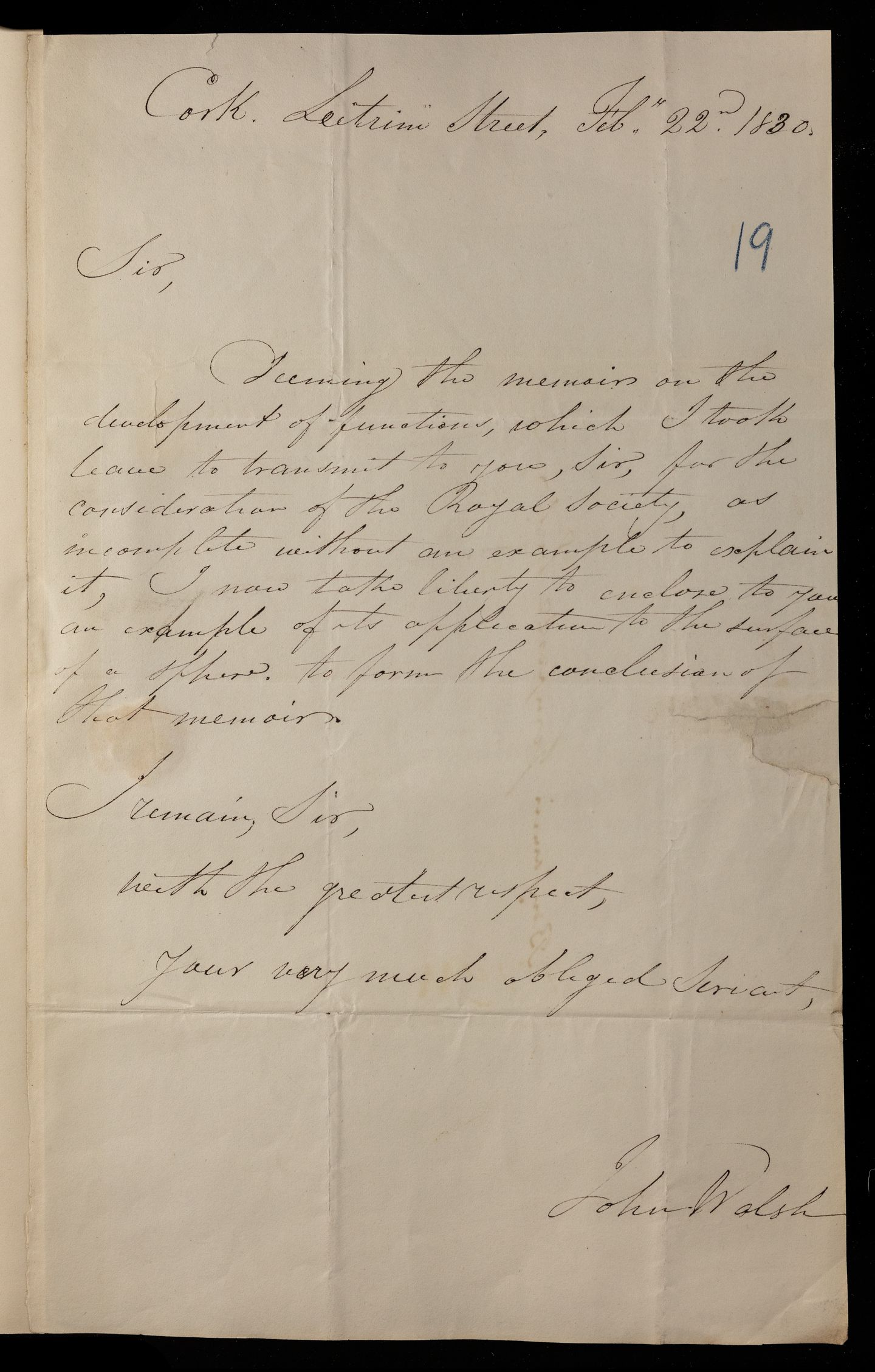 Unpublished letter, regarding addition to paper from John Walsh to ...