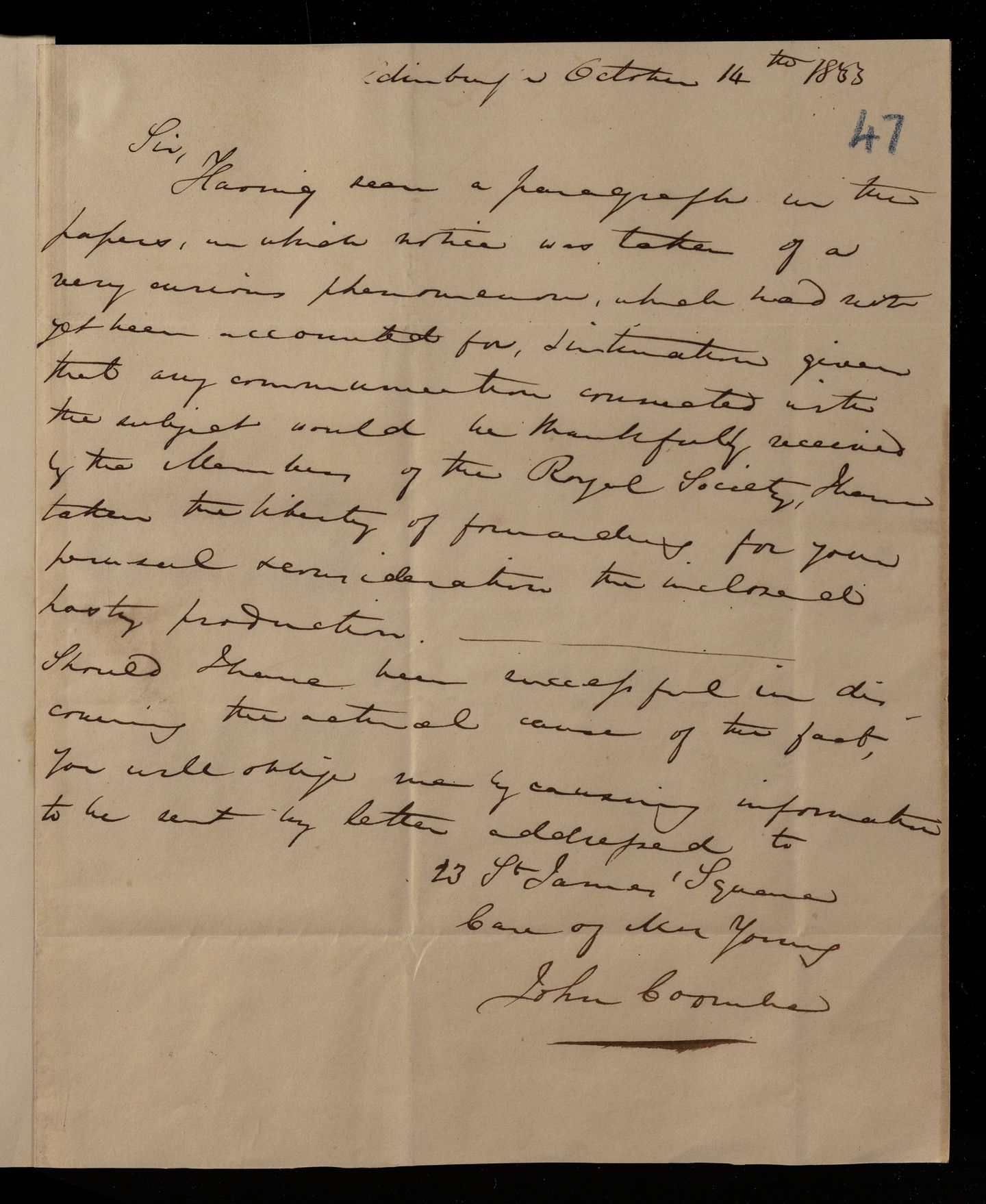 Unpublished letter, regarding 'A curious fact' from John Coombe to ...