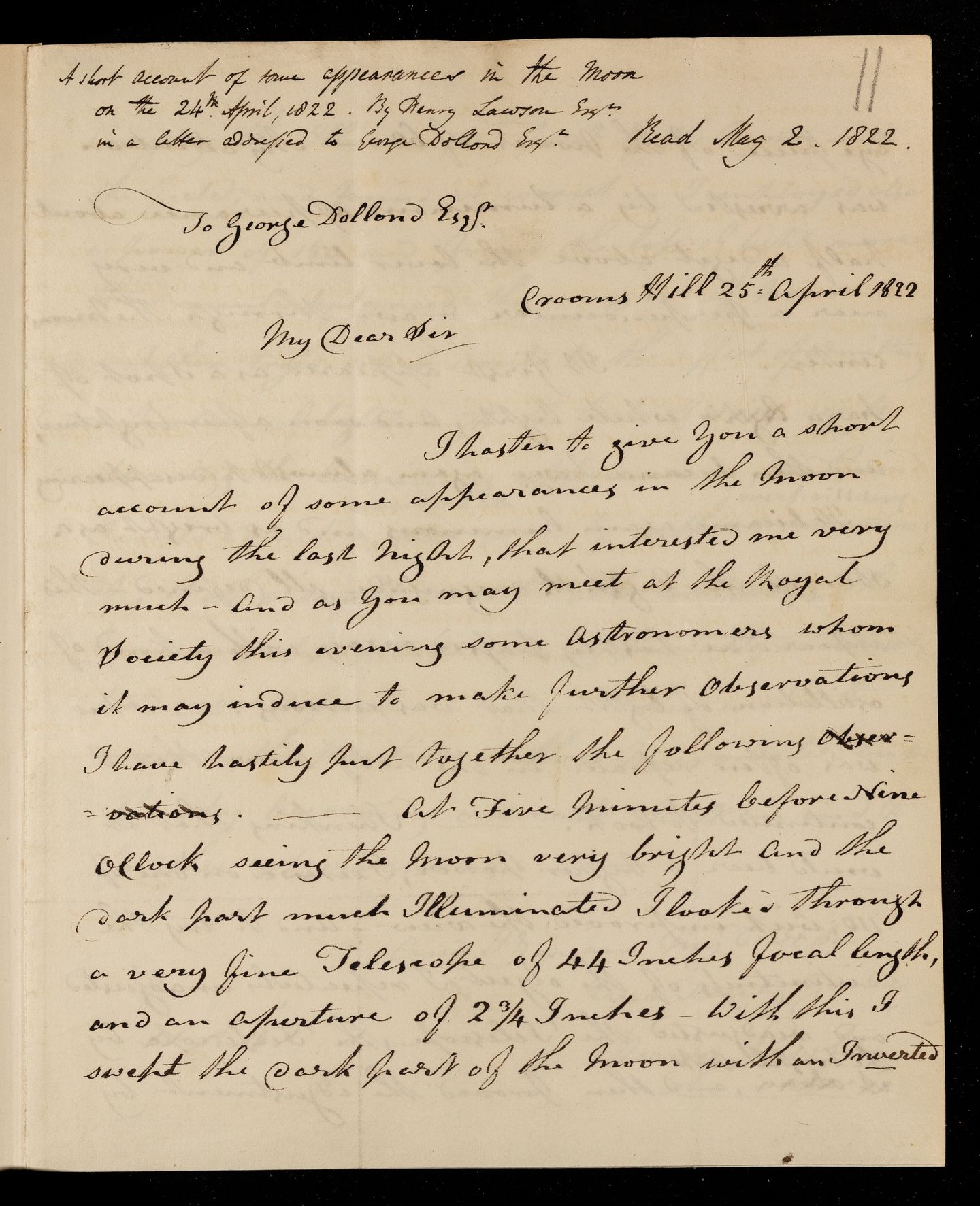 Unpublished letter, 'A short account of some appearances in the moon on ...