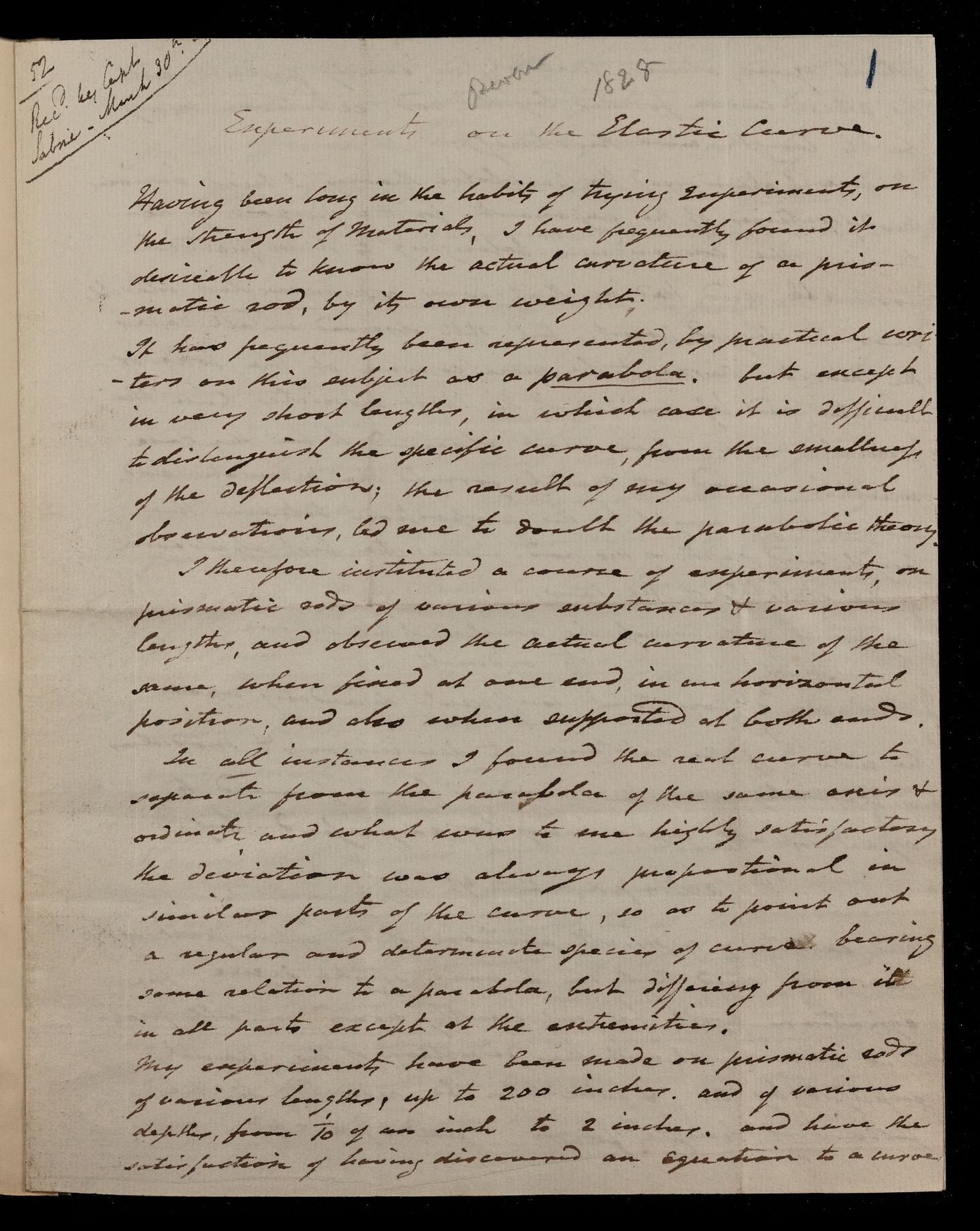 Unpublished paper, 'Experiments on the elastic curve' by B [Benjamin ...