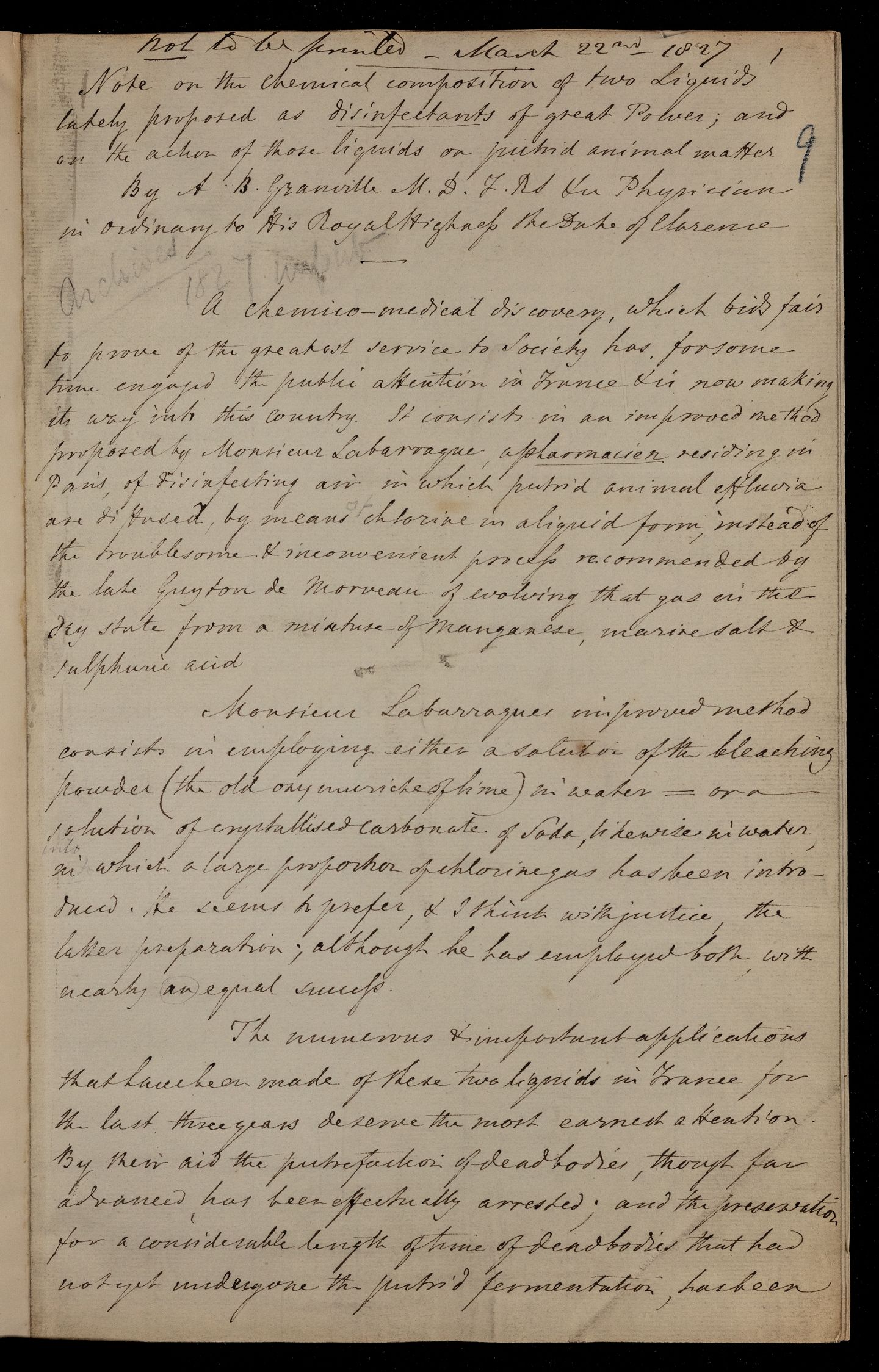 Unpublished paper, 'Note on the chemical composition of two liquids ...