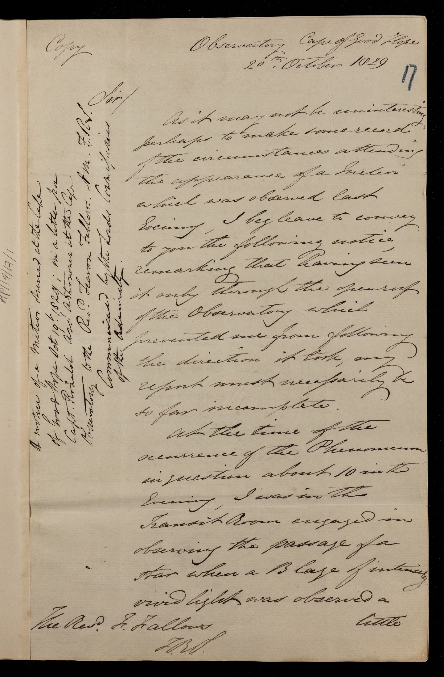 Unpublished copy letters, regarding notice of a meteor from W [William ...