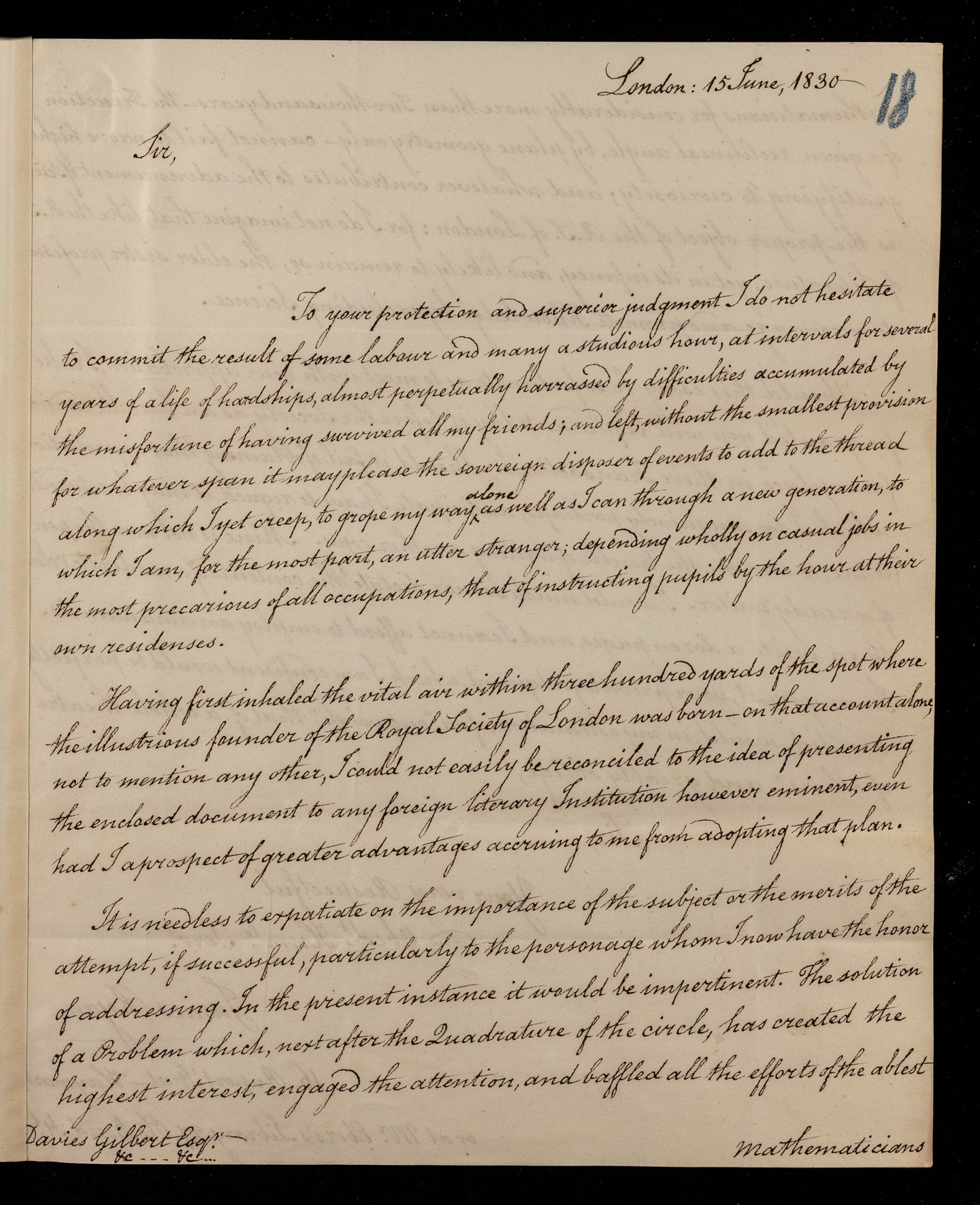 Unpublished paper and letter, 'Problem. To trisect, or divide into ...