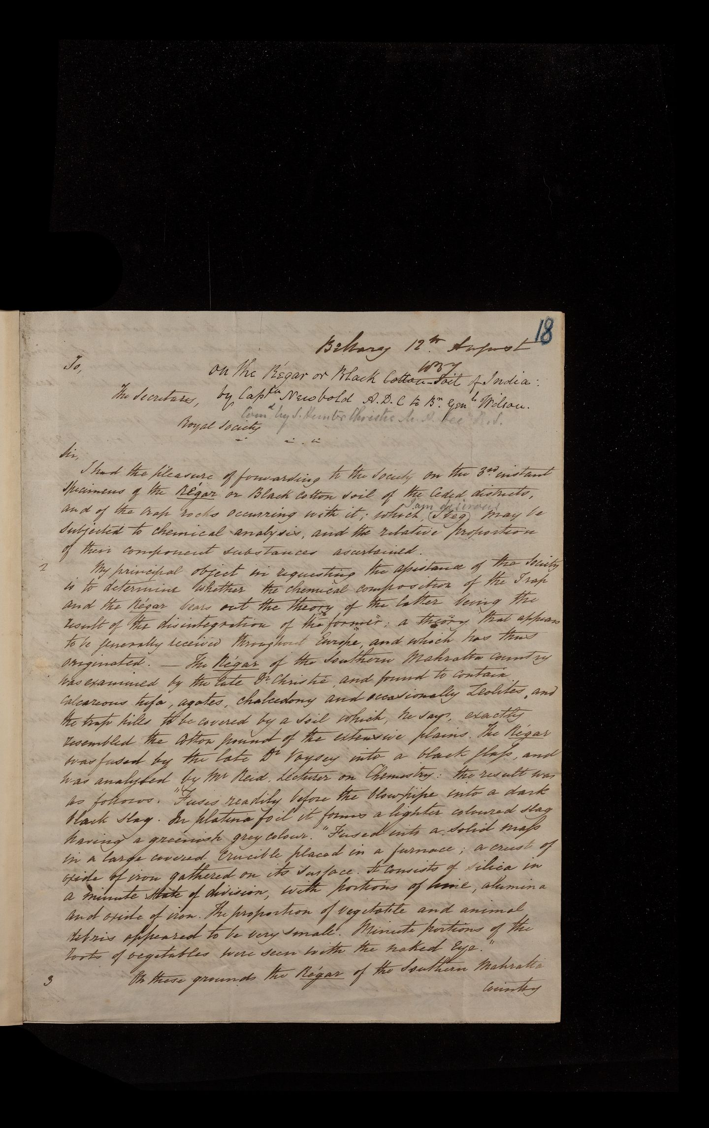 Unpublished letter, 'On the régar [regur] or the black cotton-soil of ...