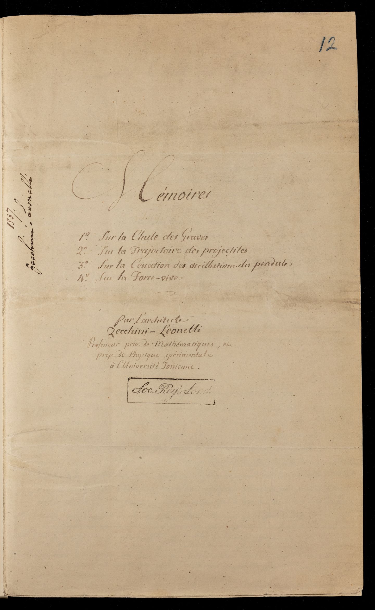 Unpublished papers, 'Mémoires sur la chute des graves, sur la ...