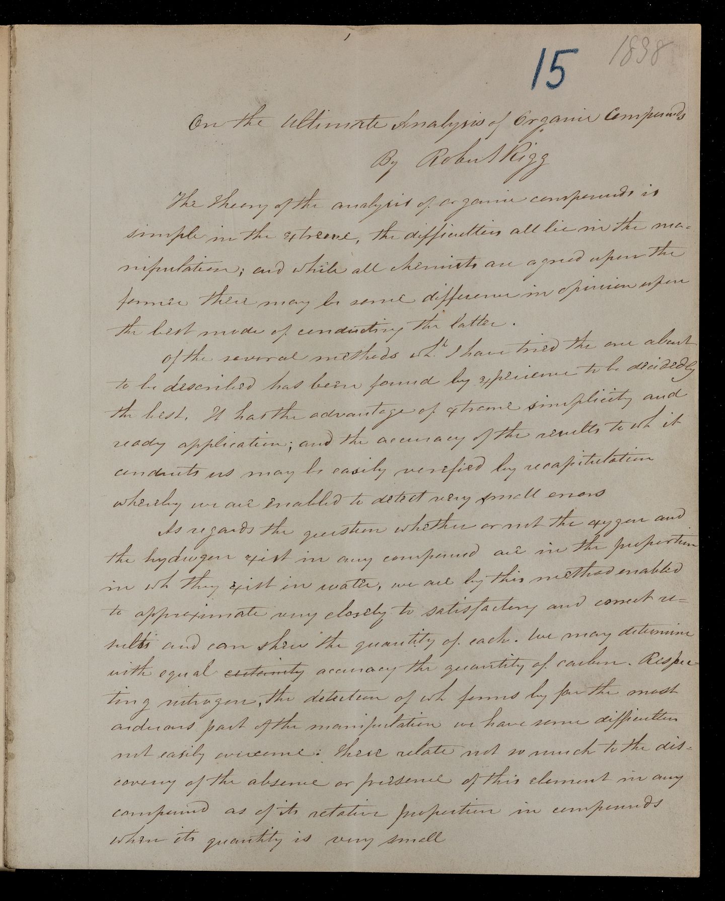 Unpublished paper, 'On the ultimate analysis of organic compounds' by ...