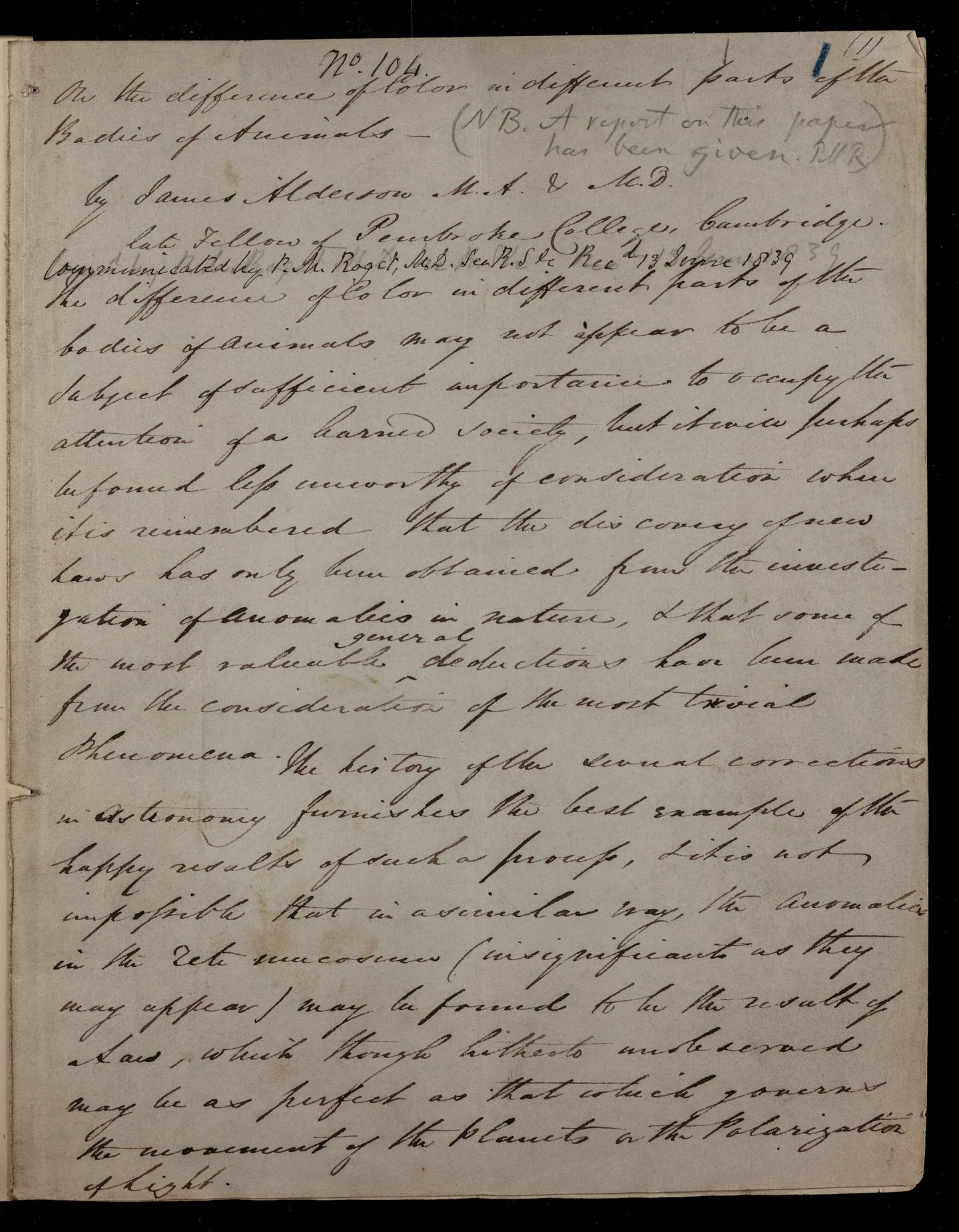 Unpublished paper, 'On the difference of color in different parts of ...