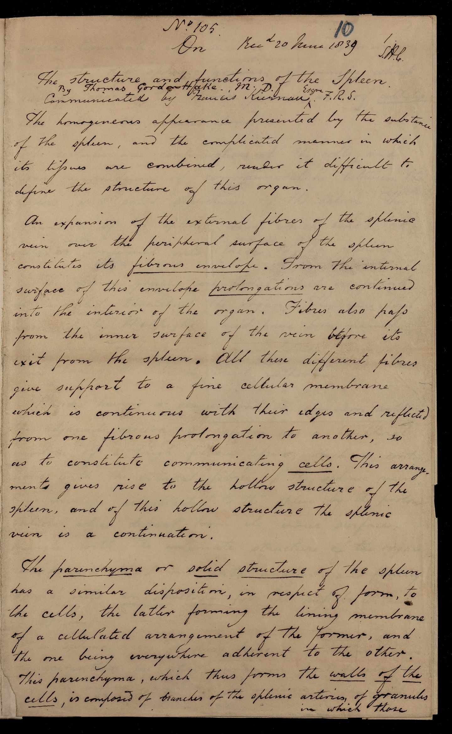 Unpublished paper, 'On the structure and functions of the spleen' by ...