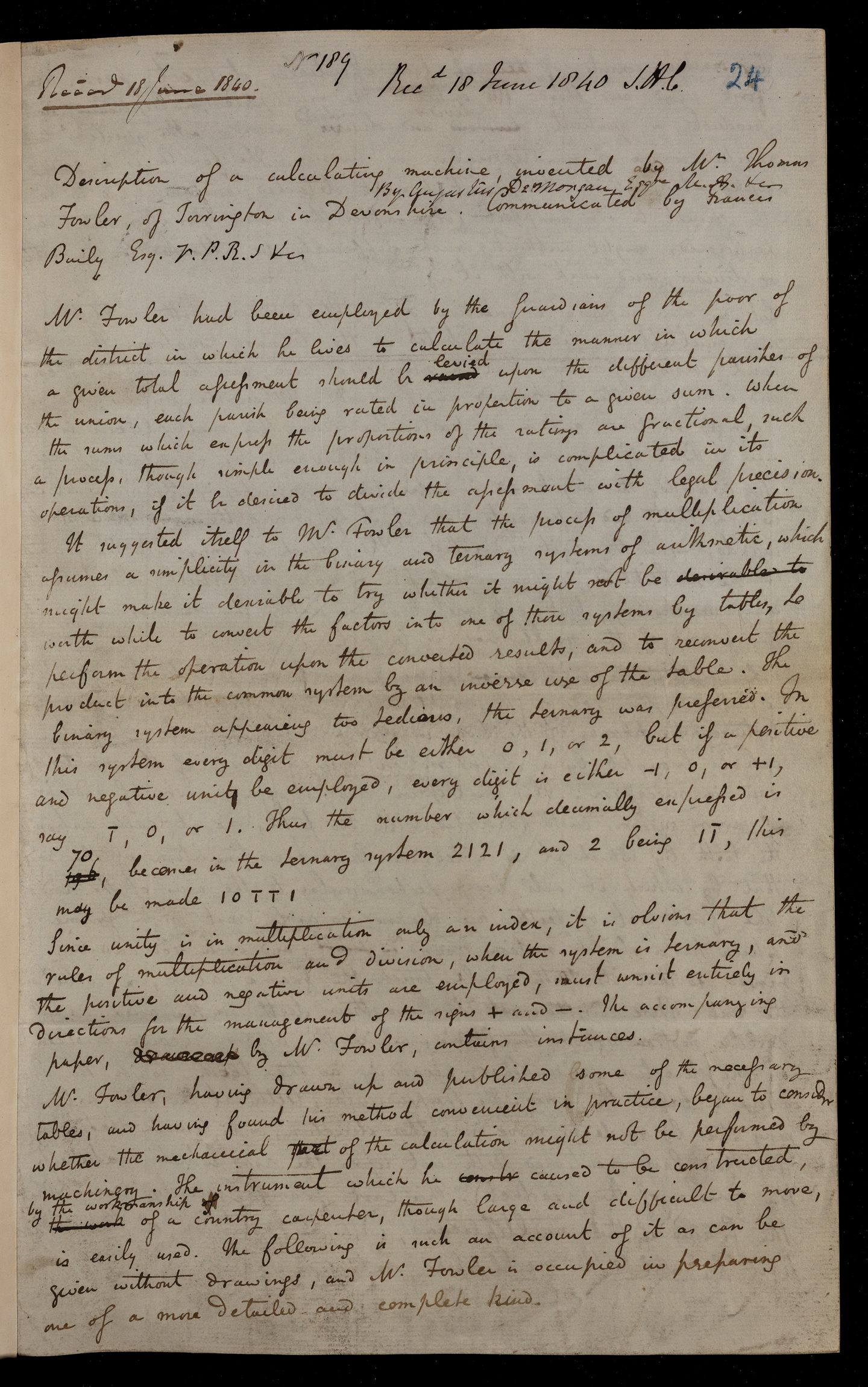 Unpublished paper, 'Description of a calculating machine, invented by ...