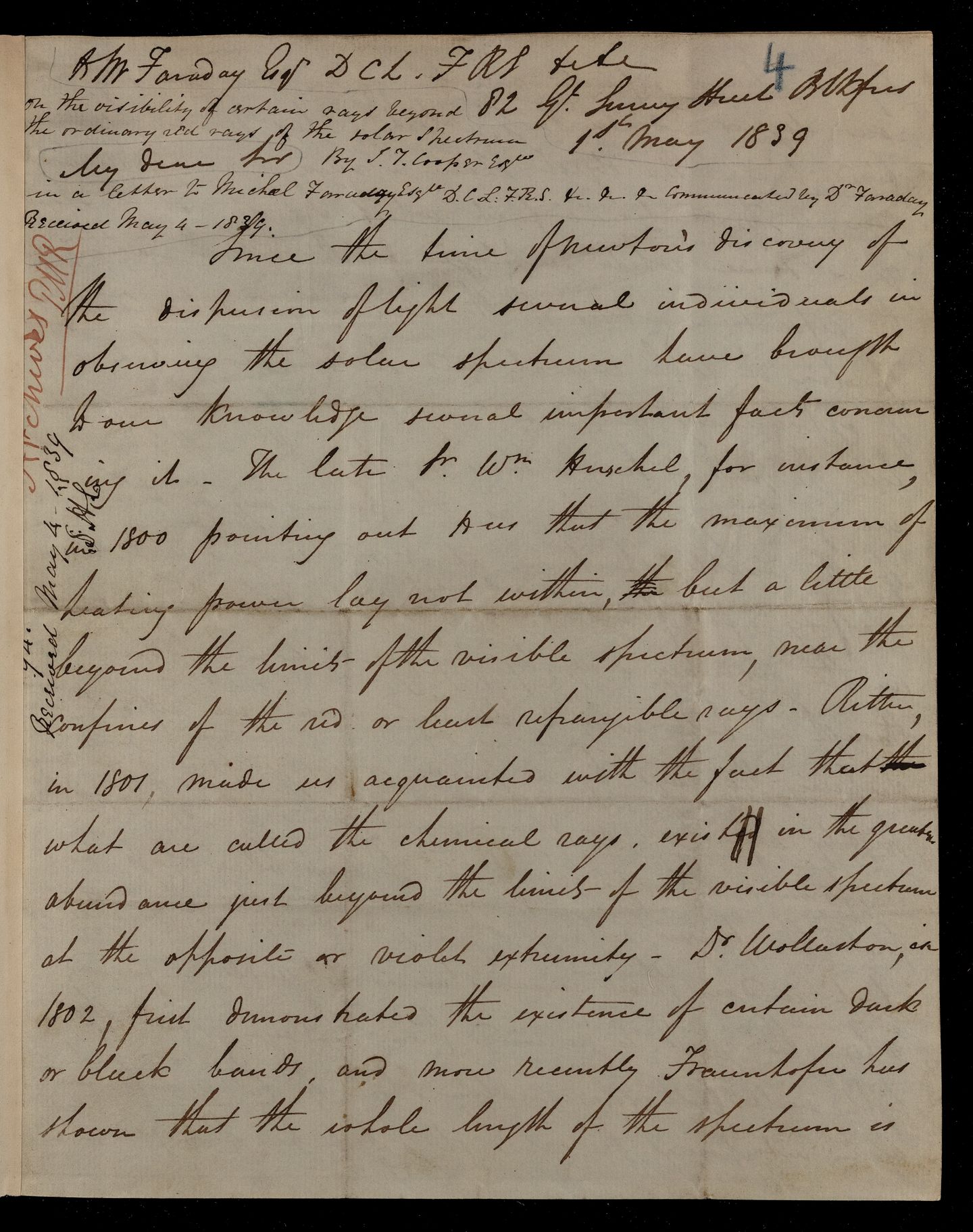 Unpublished letter, 'On the visibility of certain rays beyond the ordinary red rays of the solar ...