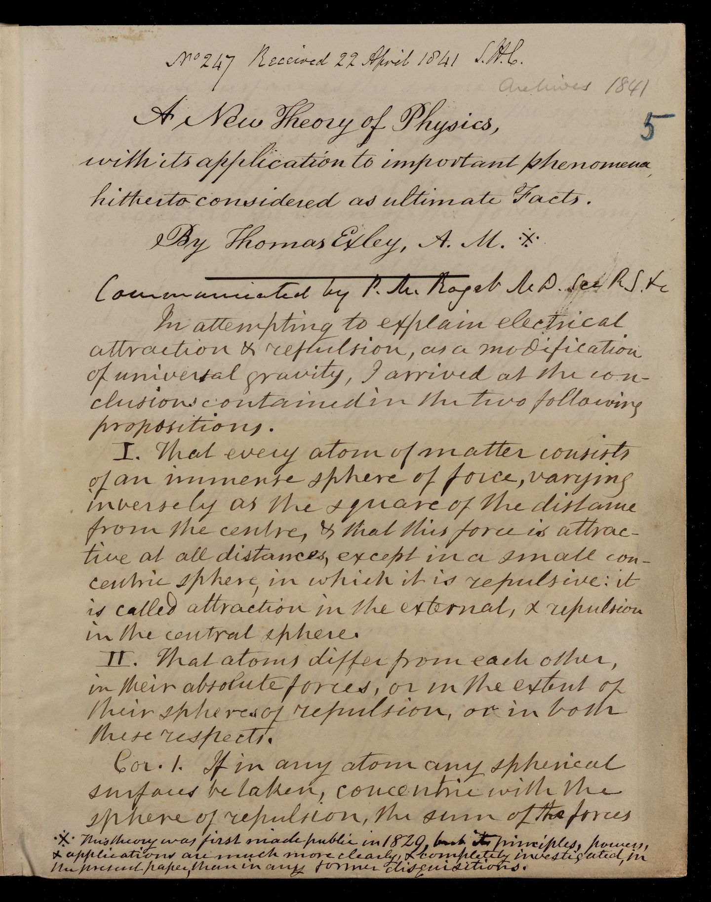 Unpublished paper, 'A new theory of physics, with its application to ...