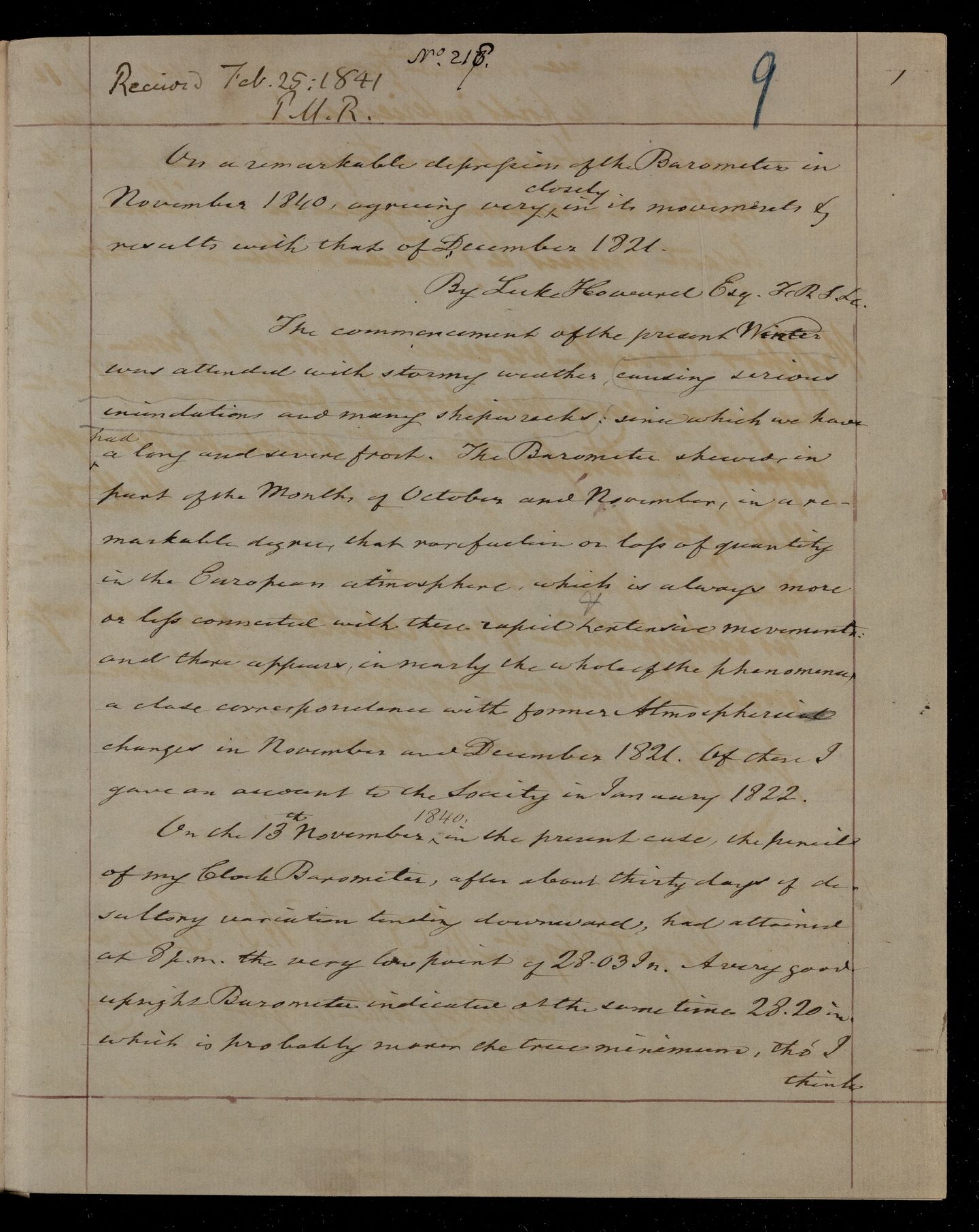 Unpublished paper, 'On a remarkable depression of the barometer in ...