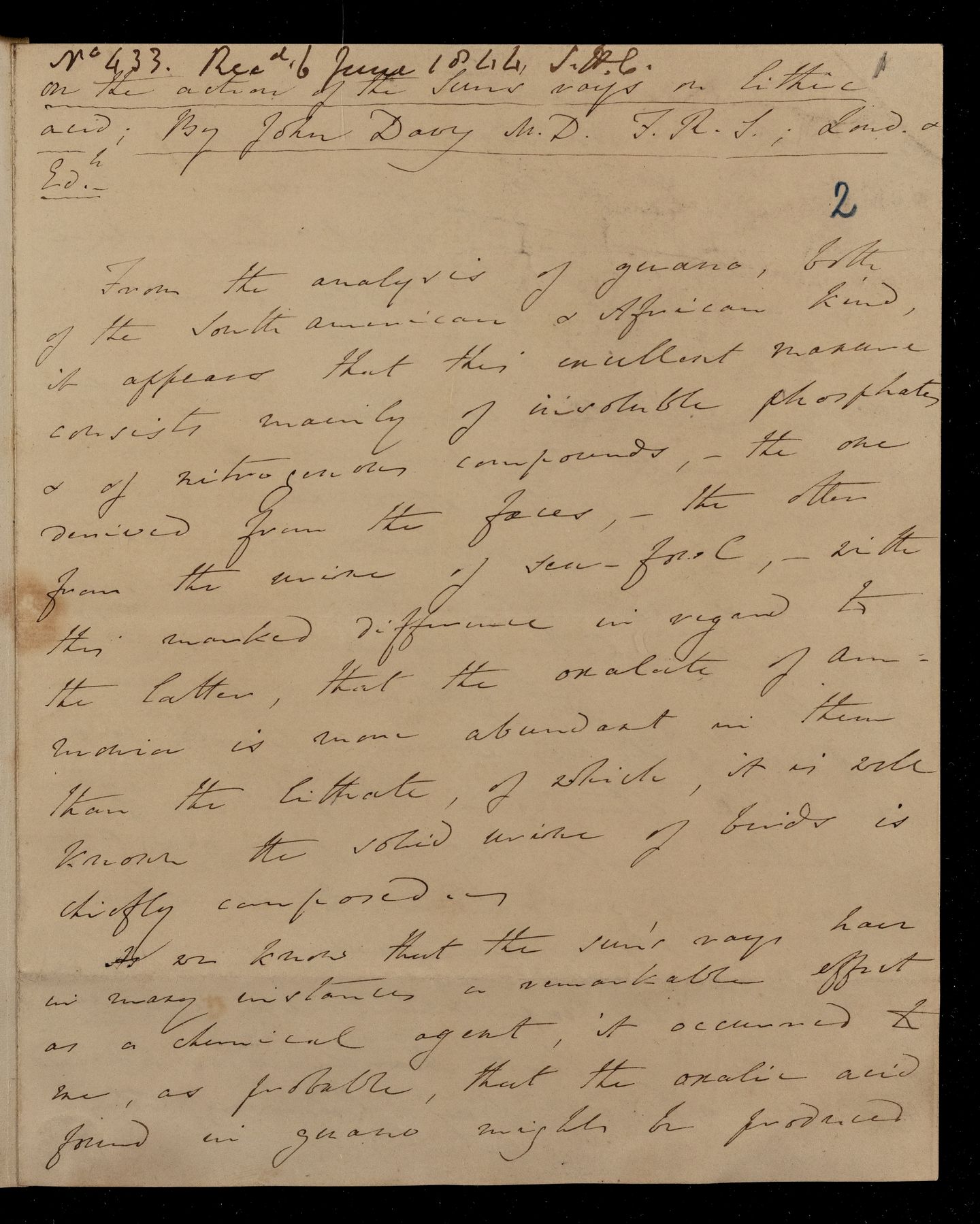 Unpublished paper, 'On the action of the Sun's rays on lithic acid' by ...