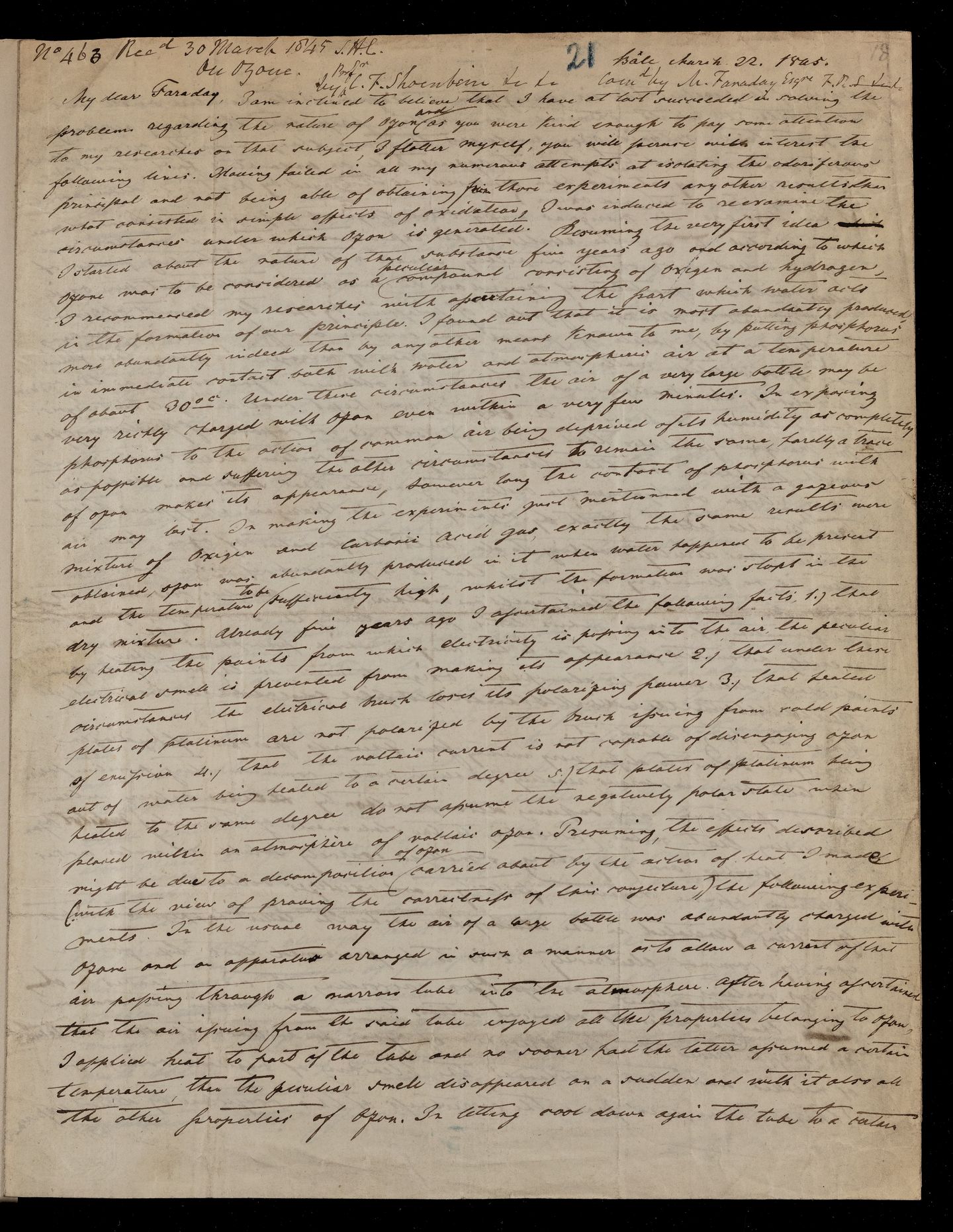 Unpublished letter, 'On ozone' from C F [Christina Friedrich] Schoenbein to Michael Faraday ...