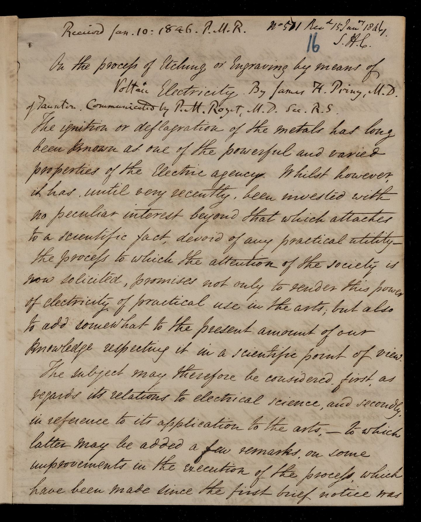 Unpublished paper, 'On the process of etching or engraving by means of ...