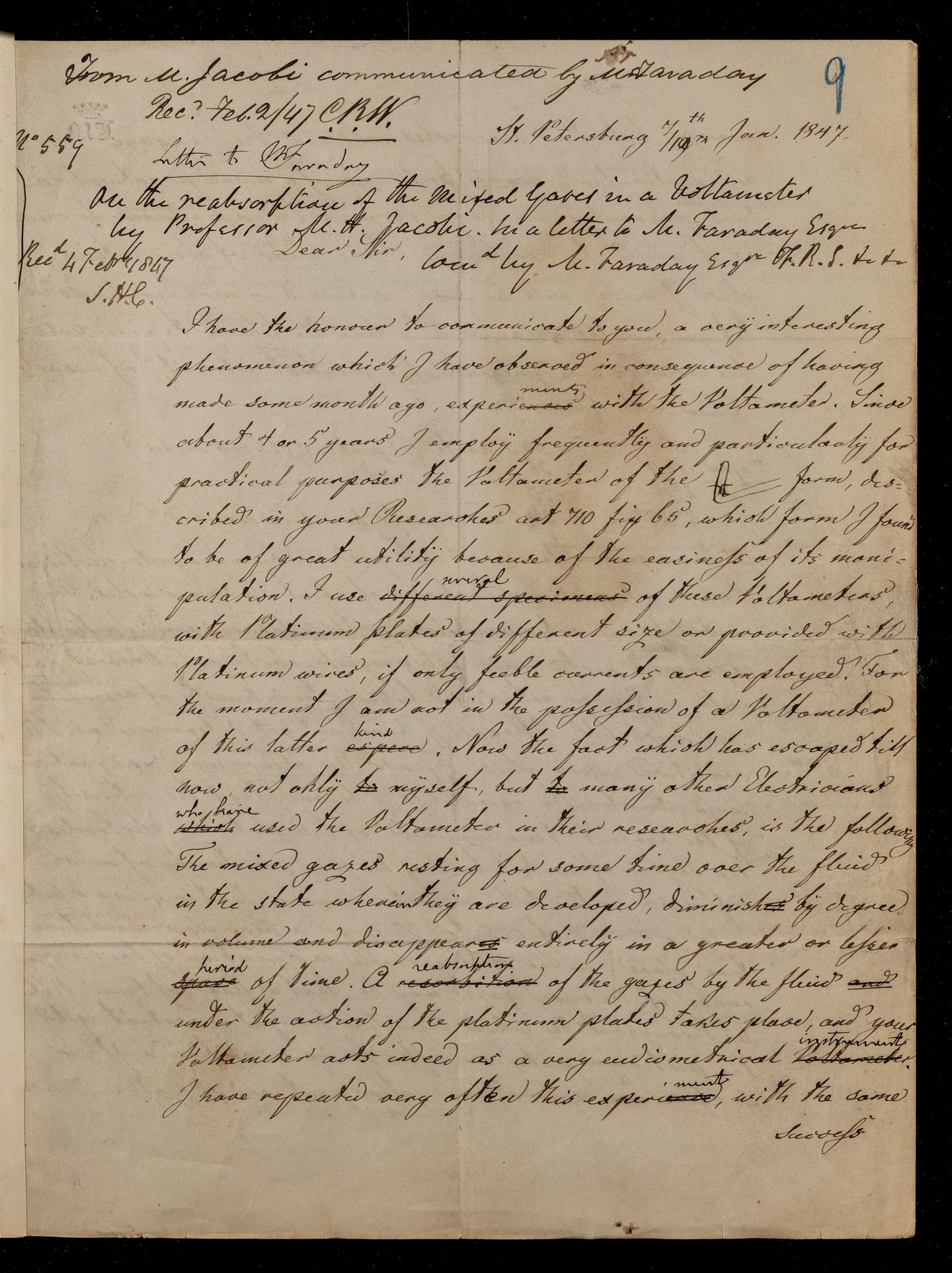 Unpublished letter, 'On the reabsorption of the mixed gases in a ...