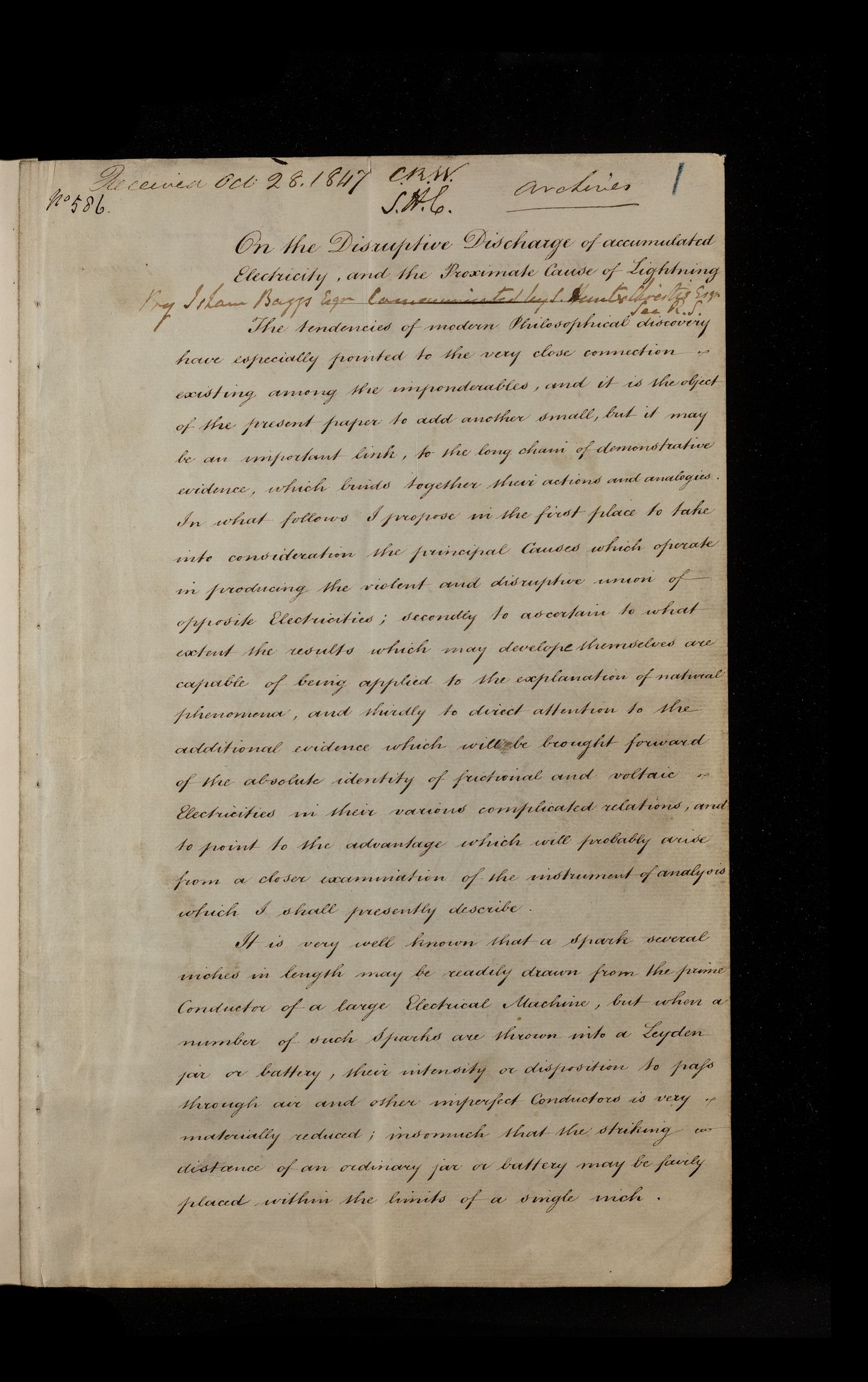 Unpublished paper, 'On the disruptive discharge of accumulated ...