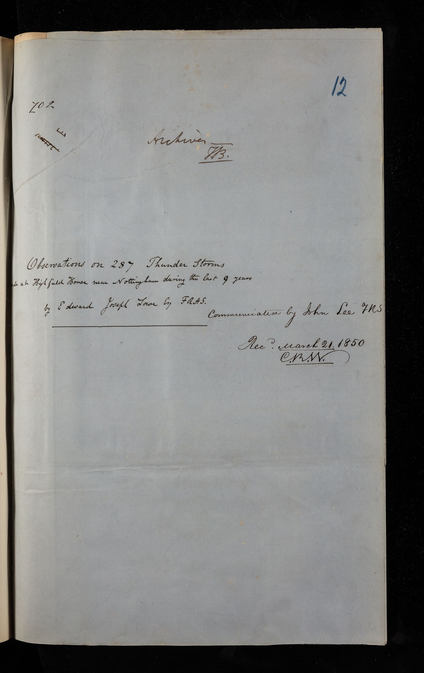 Unpublished paper, 'Observations on 287 thunder storms, made at ...