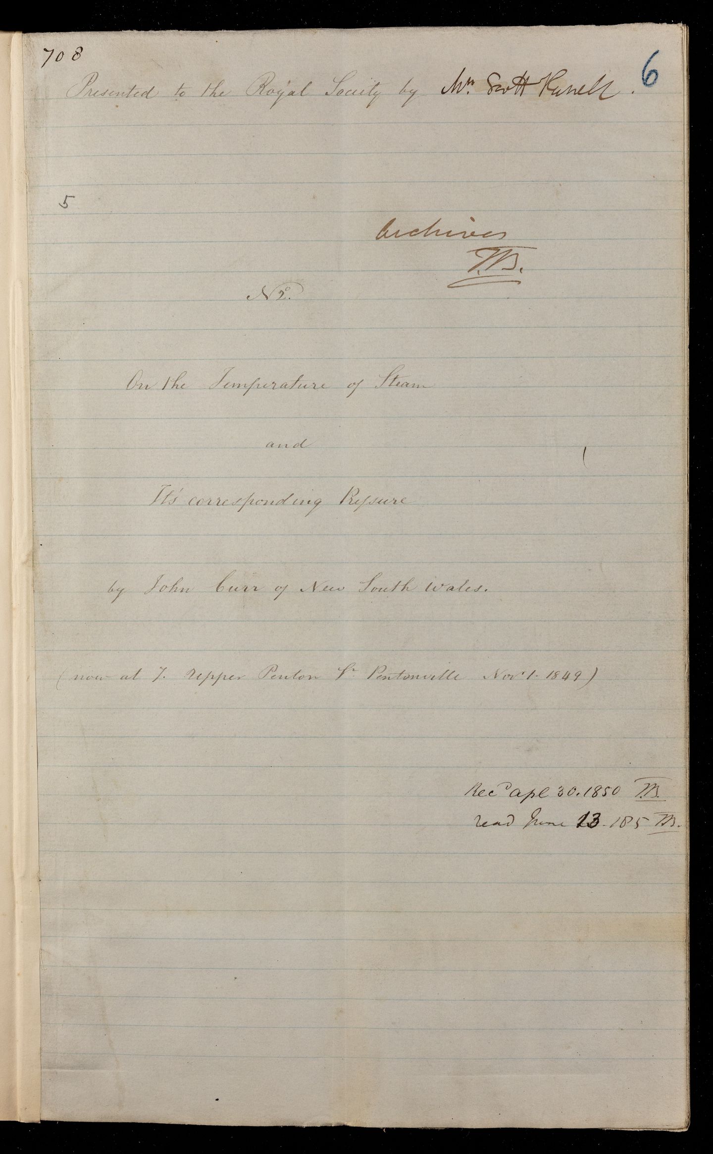 Unpublished paper, 'On the temperature of steam and its corresponding ...