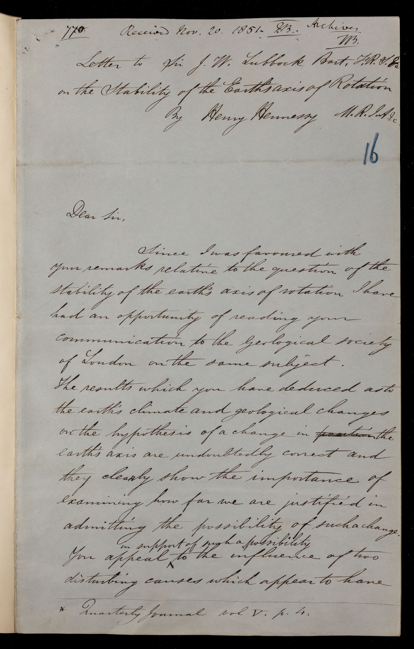 Unpublished letter, regarding the stability of the Earth's axis of ...