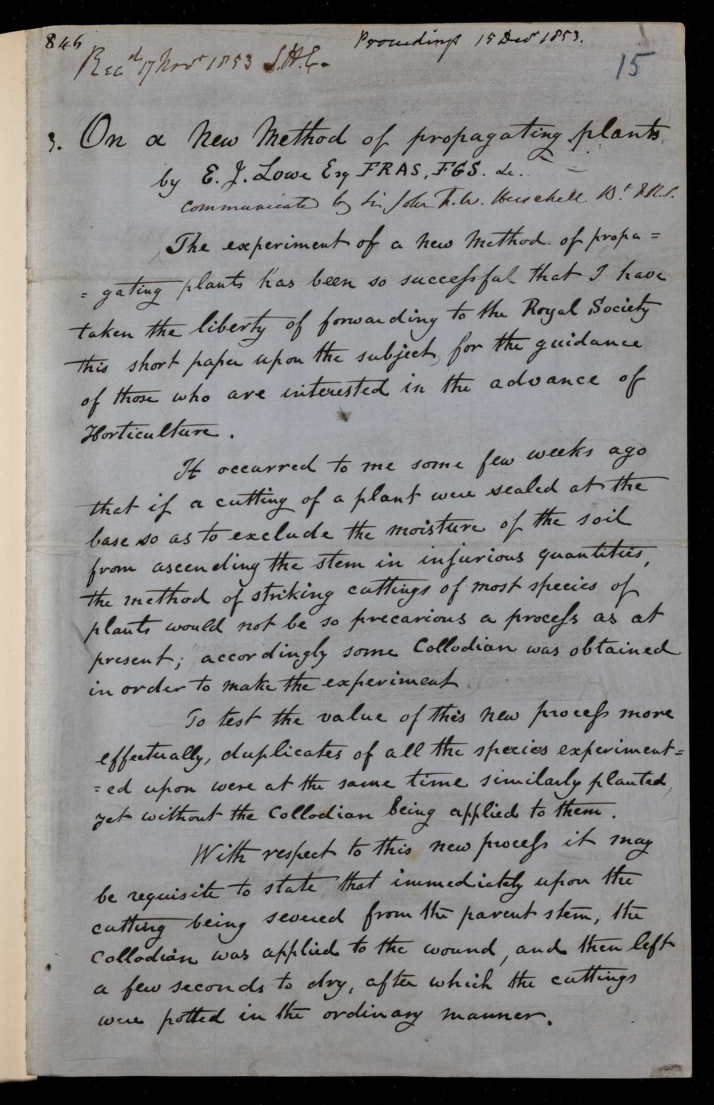 Unpublished paper, 'On a new method of propagating plants' by E J ...