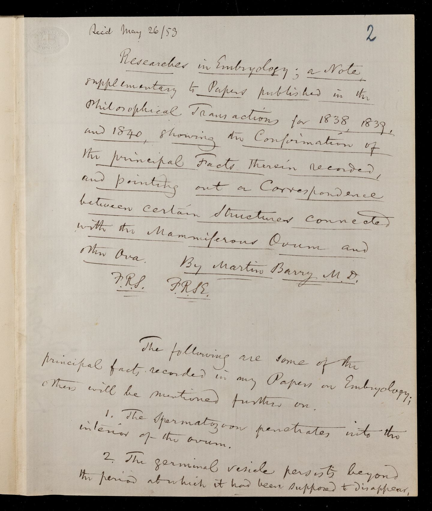 Unpublished paper, 'Researches in embryology; a note, supplementary to ...