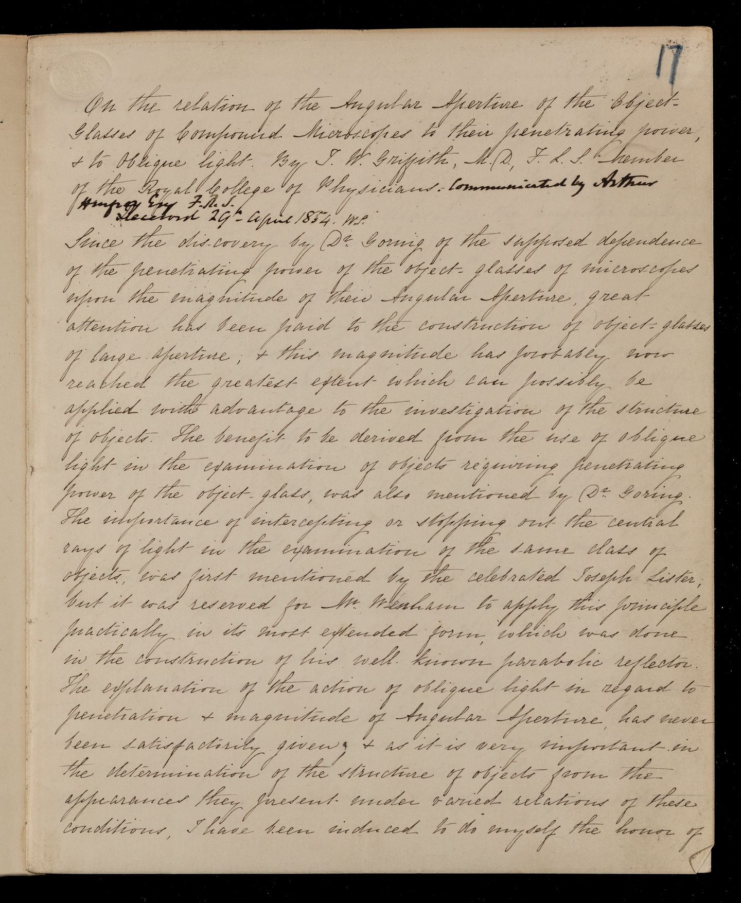 Unpublished paper, 'On the relation of the angular aperture of the ...