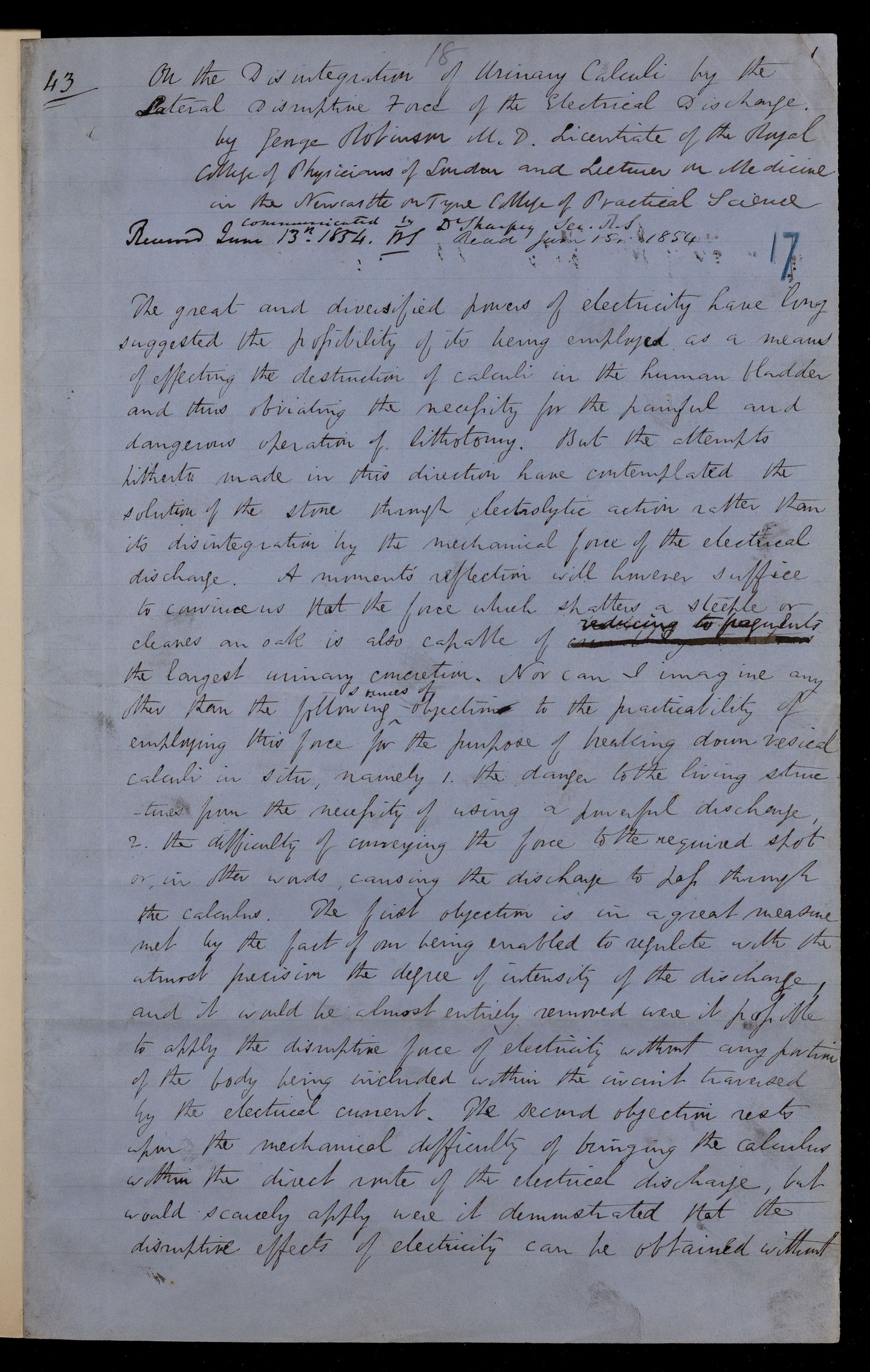 Paper, 'On the disintegration of urinary calculi by the lateral ...