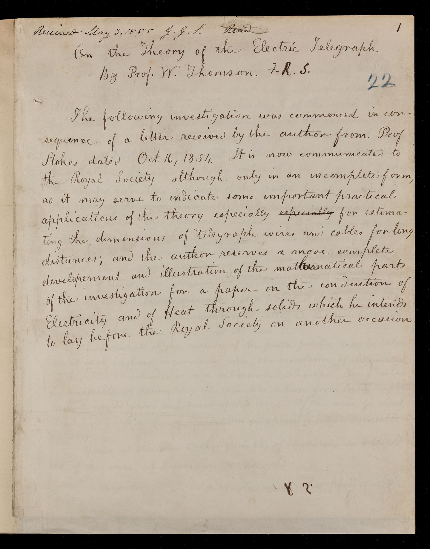 Unpublished extract of a letter, 'On the theory of the electric ...