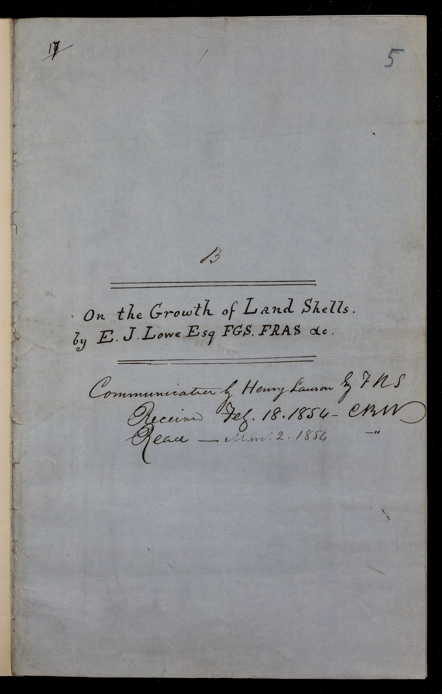 Paper, 'On the growth of land shells [snails]' by E J [Edward Joseph ...