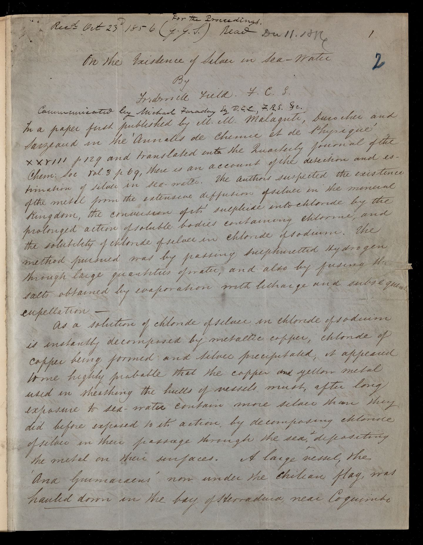 Paper, 'On the existence of silver in sea-water' by Frederick Field | The Royal Society: Science ...