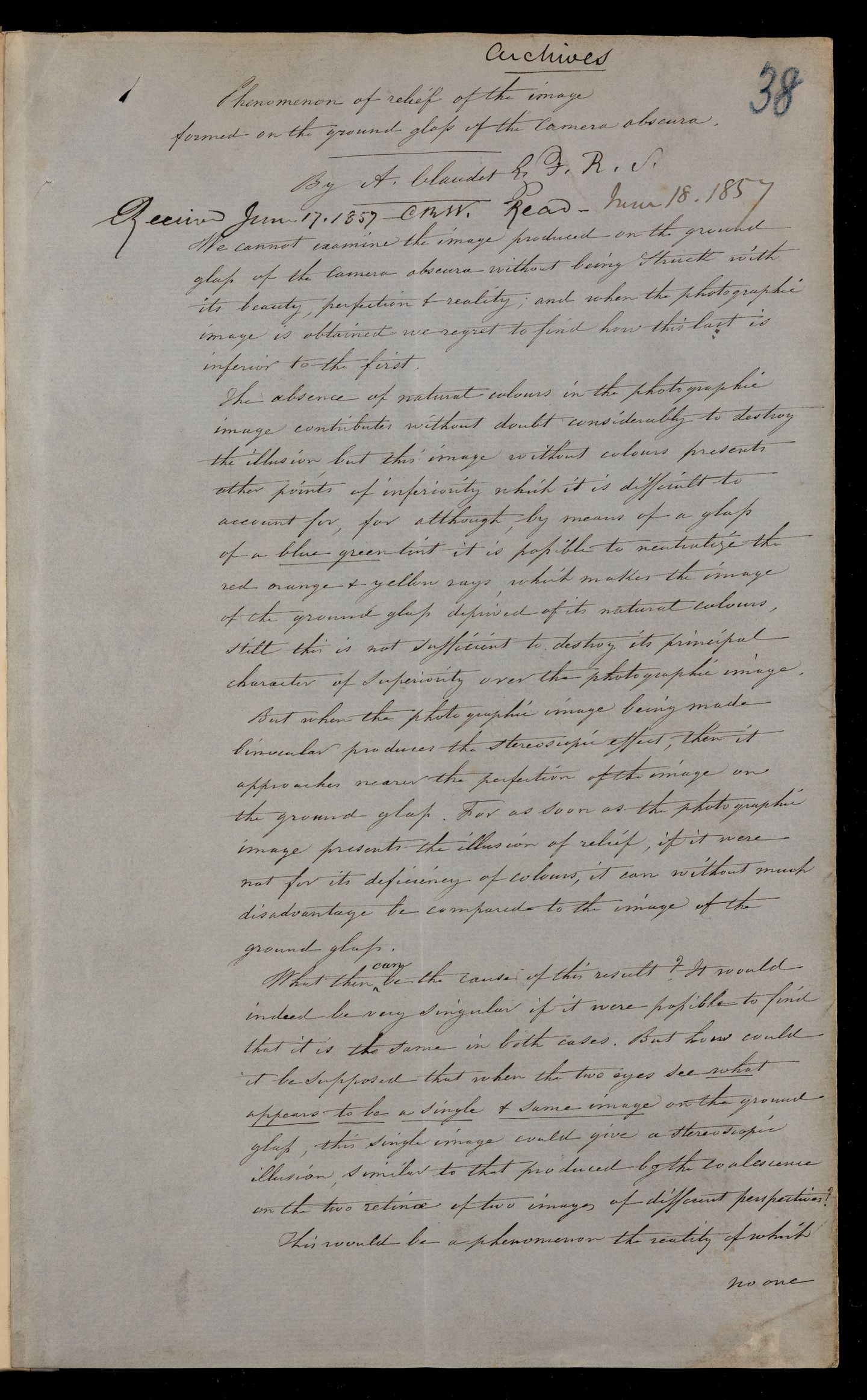 Unpublished paper, 'On the phenomenon of relief of the image formed on ...