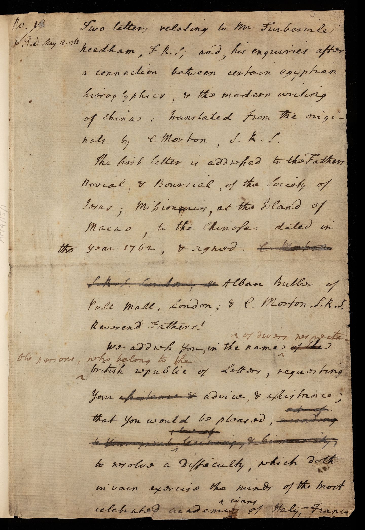 Unpublished translations of letters, 'Mr Turberville Needham, FRS, and ...