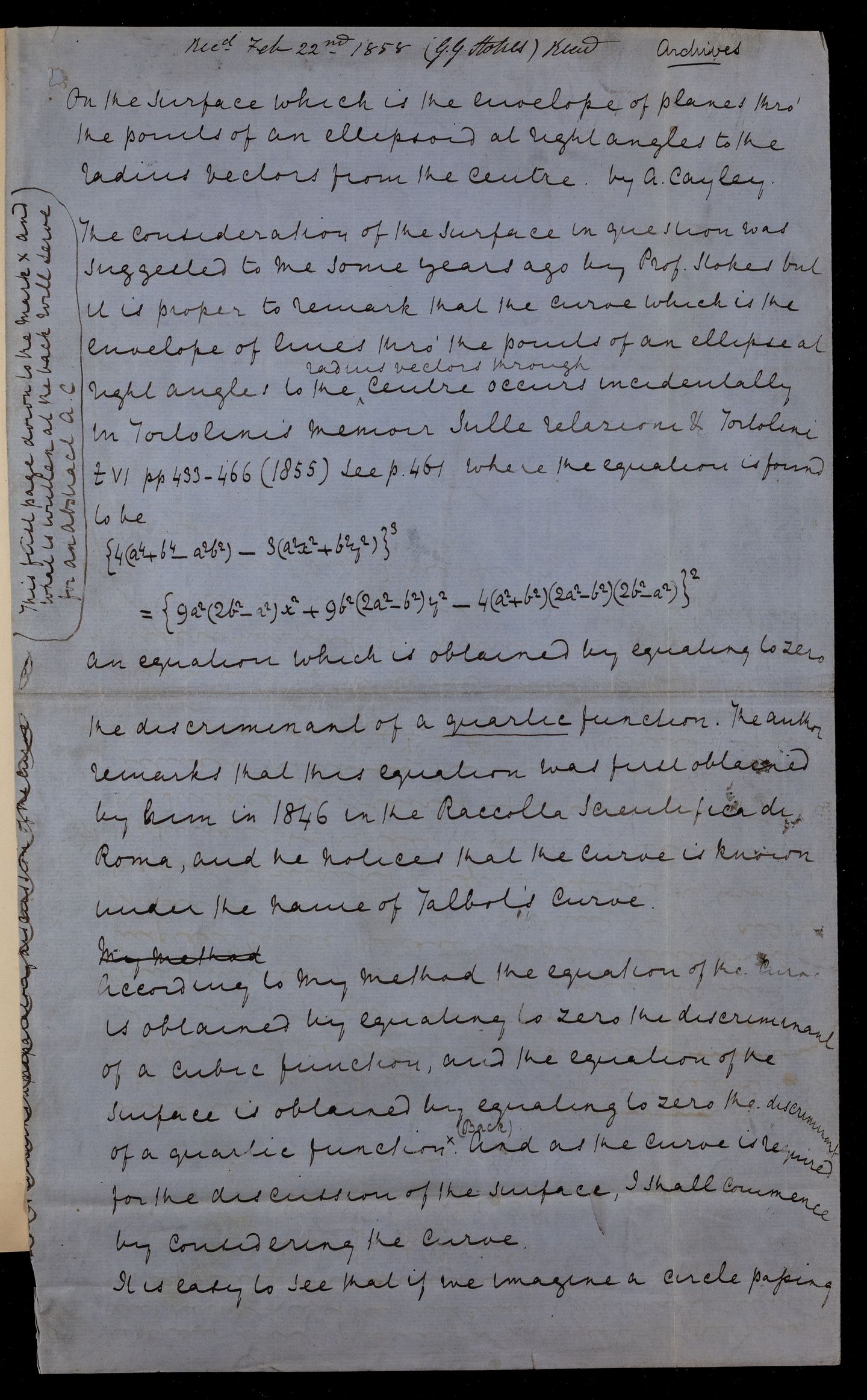 Unpublished paper, 'On the surface which is the envelope of planes ...