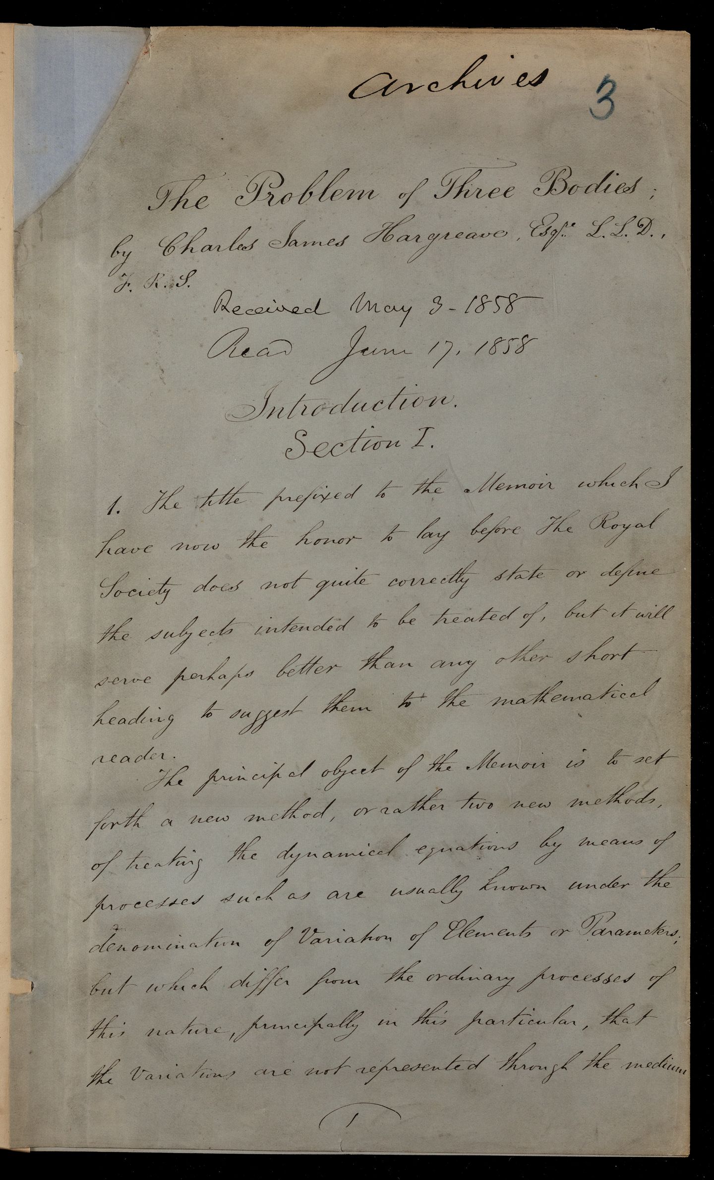 Unpublished paper, 'The problem of three bodies' by Charles James ...