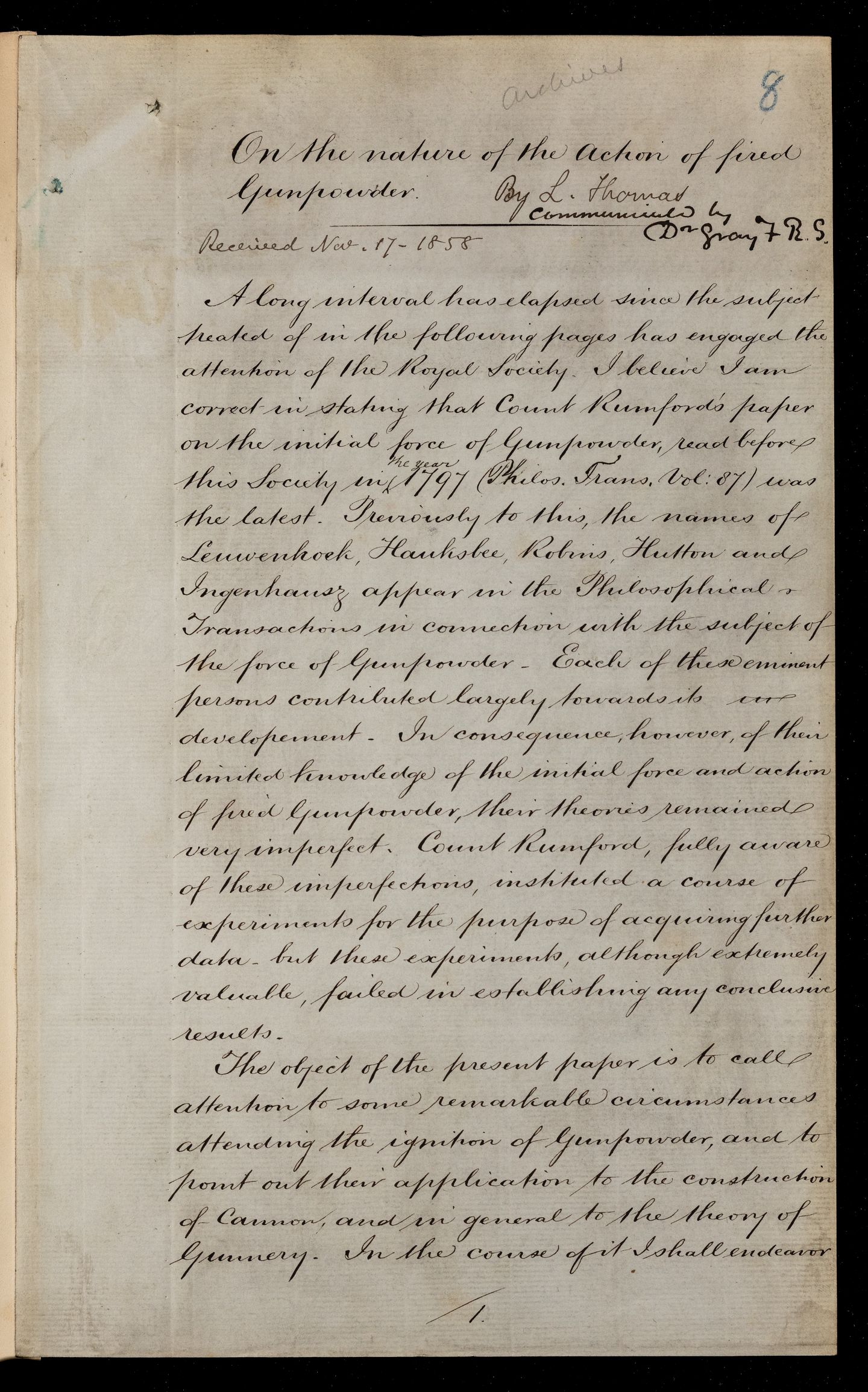 Unpublished paper, 'On the nature of the action of fired gunpowder' by ...