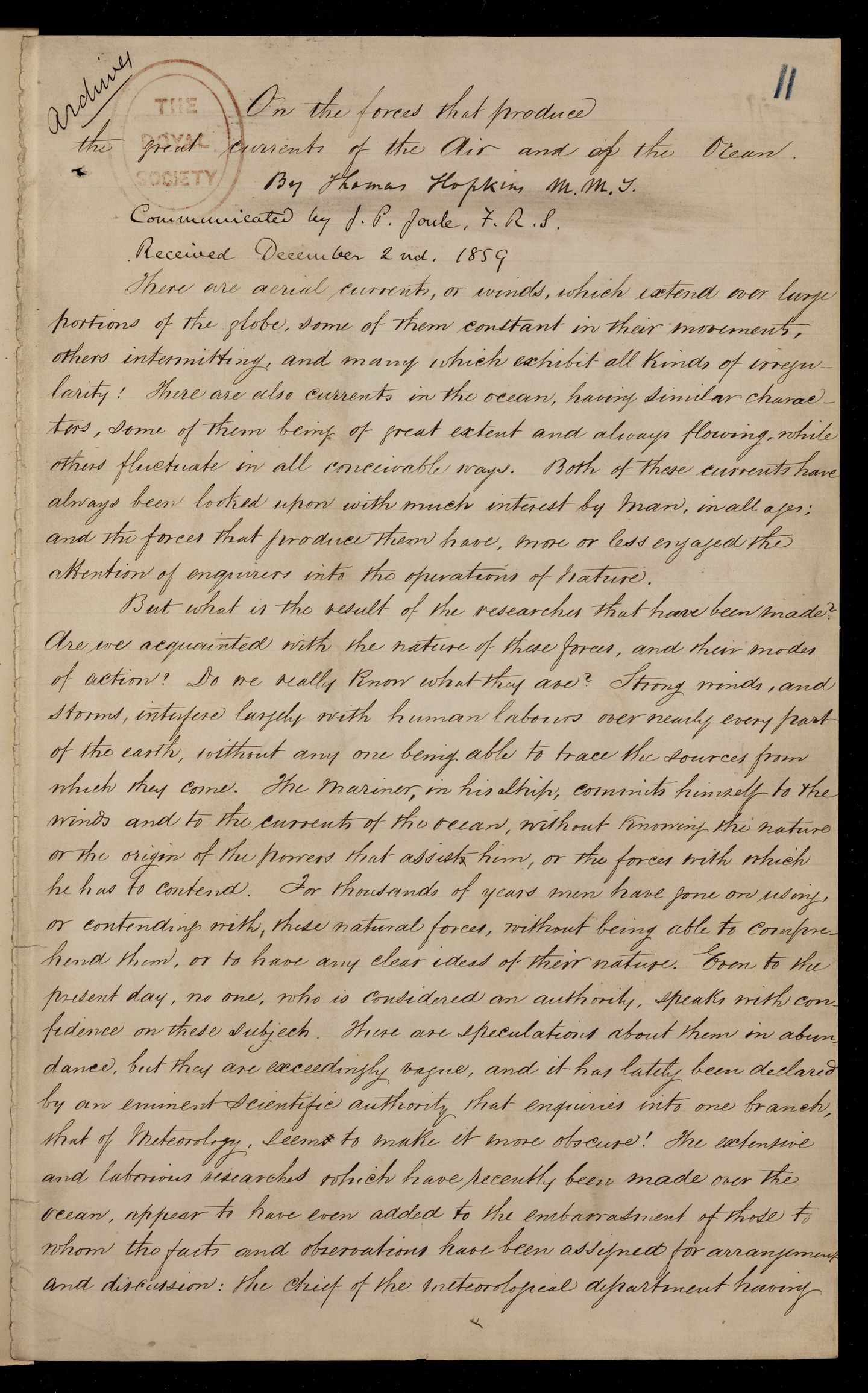 Unpublished paper, 'On the forces that produced the great currents of ...