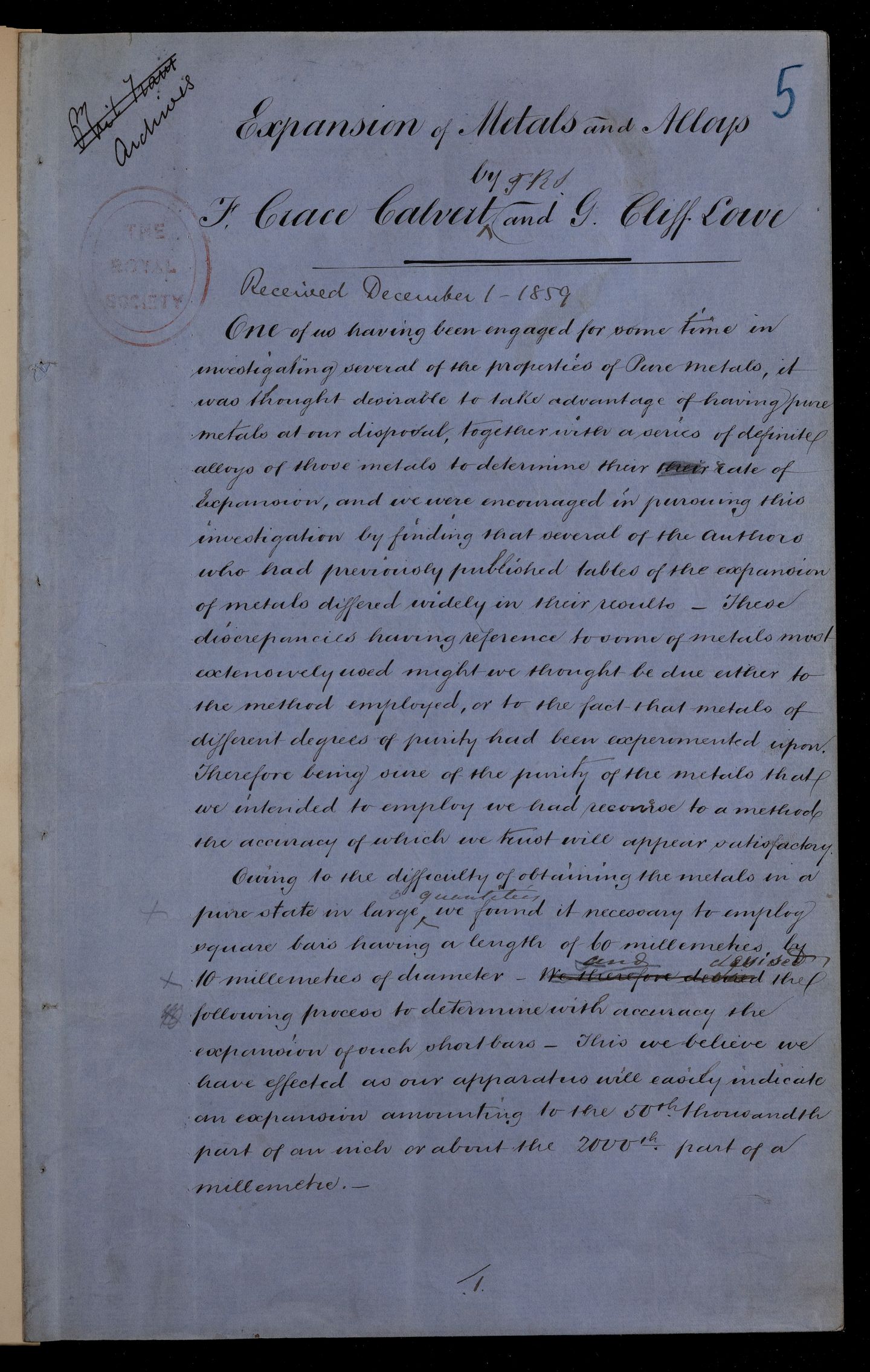 Unpublished paper, 'Expansion of metals and alloys' by F [Frederick ...