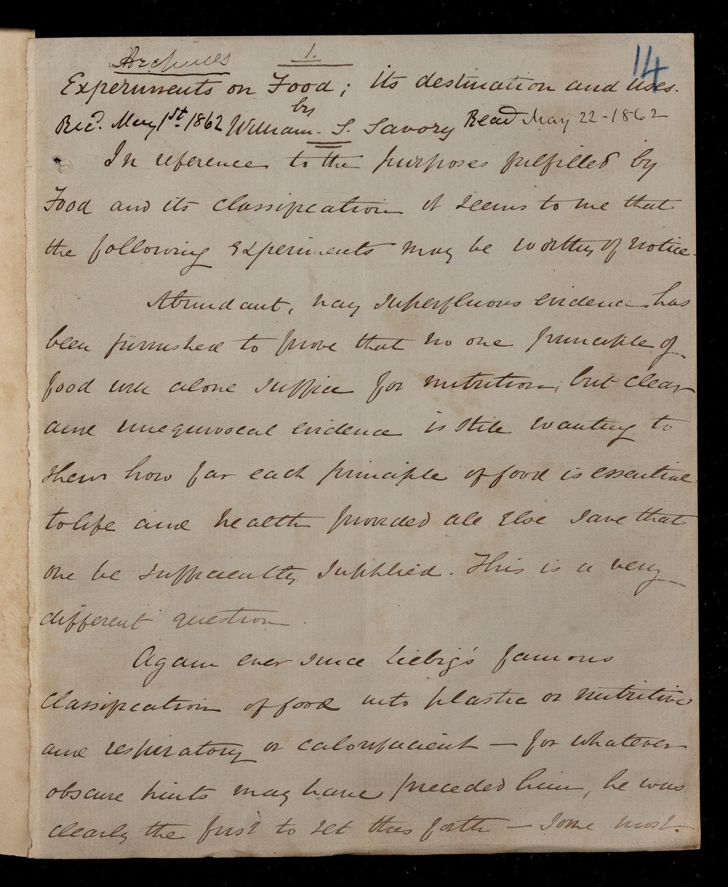 Unpublished paper, 'Experiments on food; its destination and uses' by ...