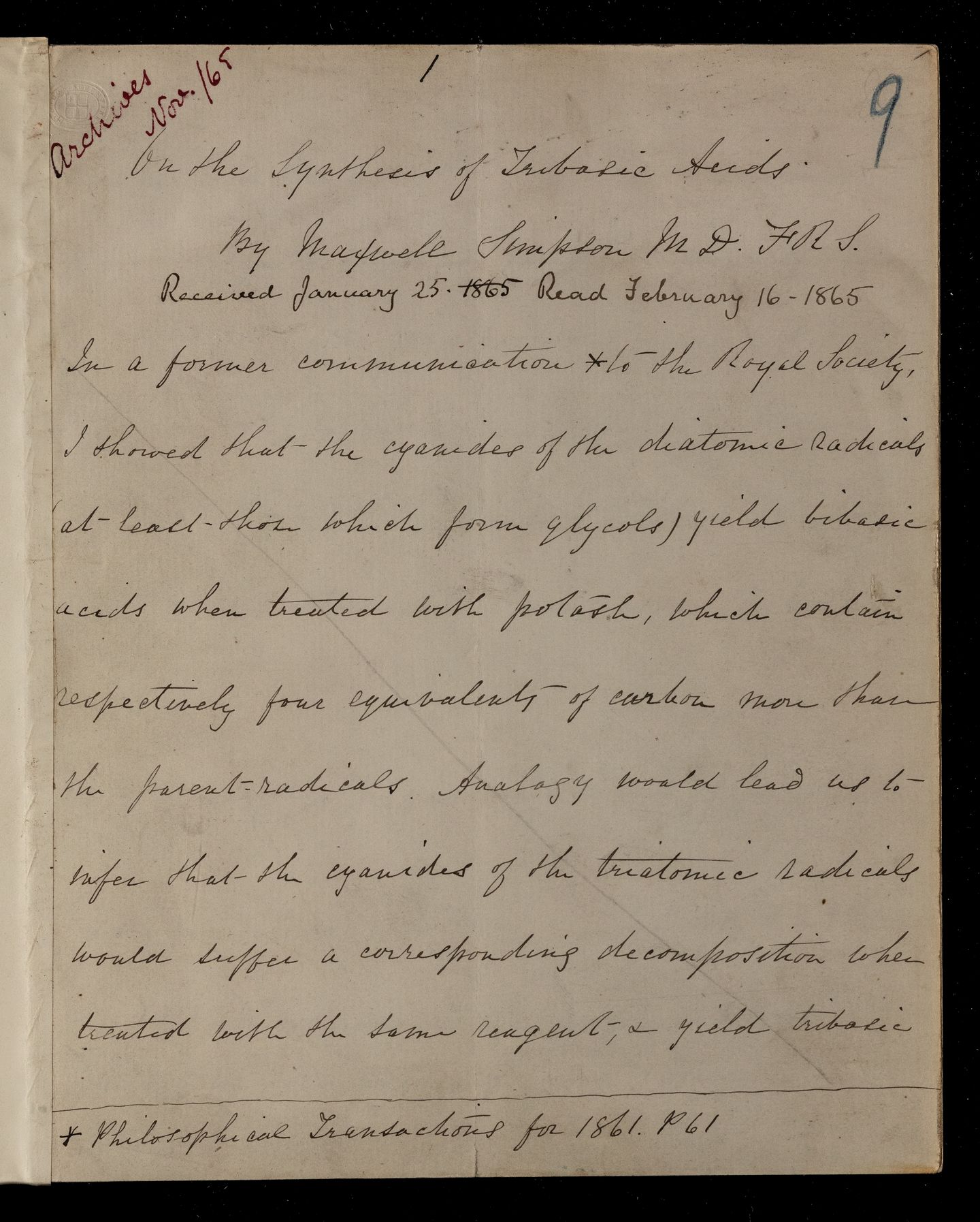 Unpublished paper, 'On the synthesis of tribasic acids' by Maxwell ...