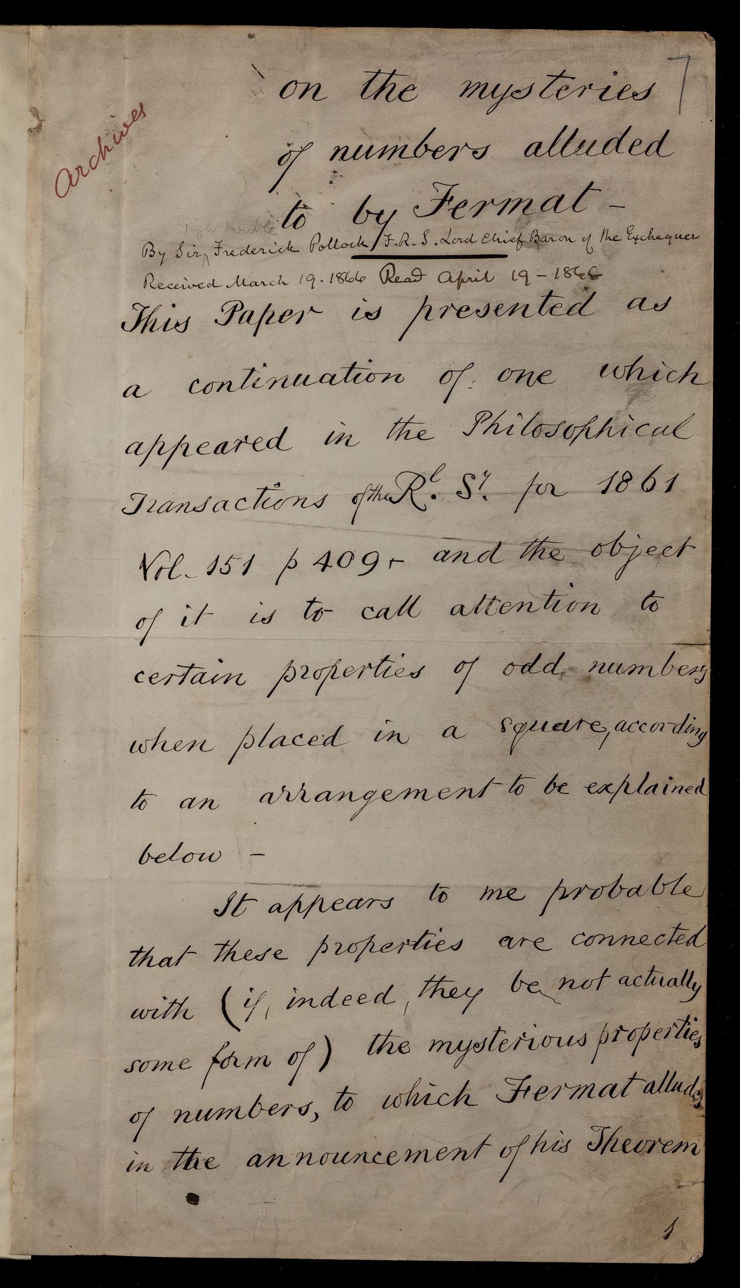 Unpublished paper, 'On the mysteries of numbers alluded to by Fermat ...