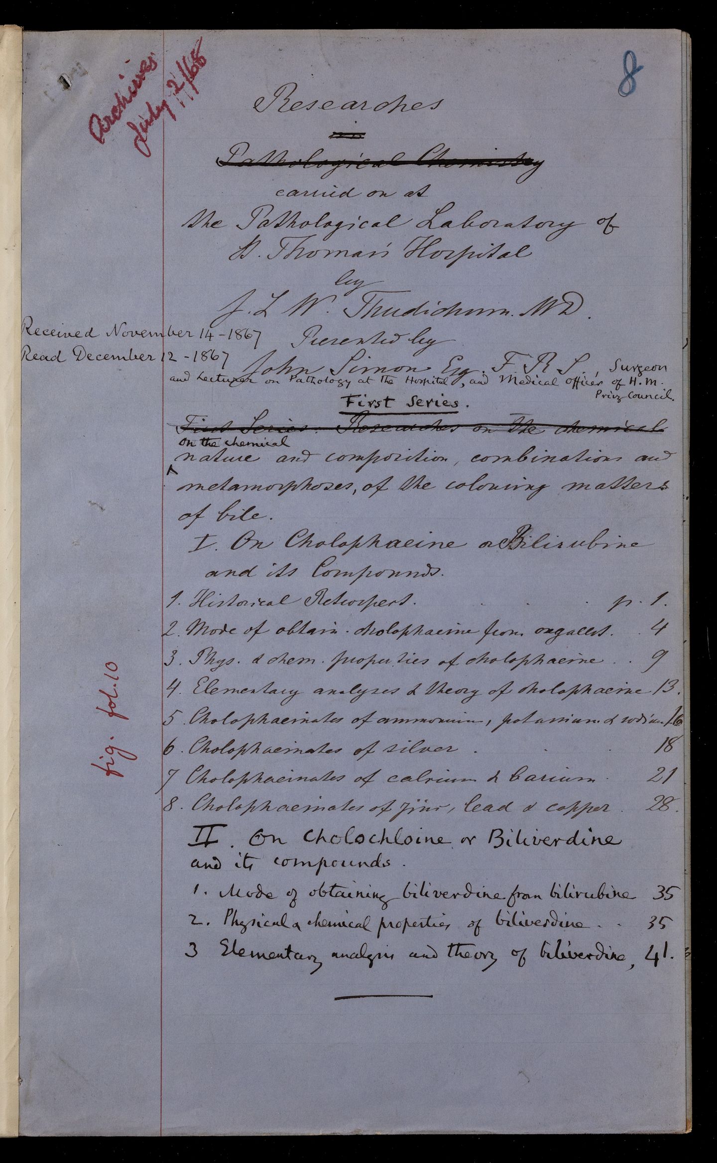 Unpublished paper, 'Researches carried on at the pathological ...