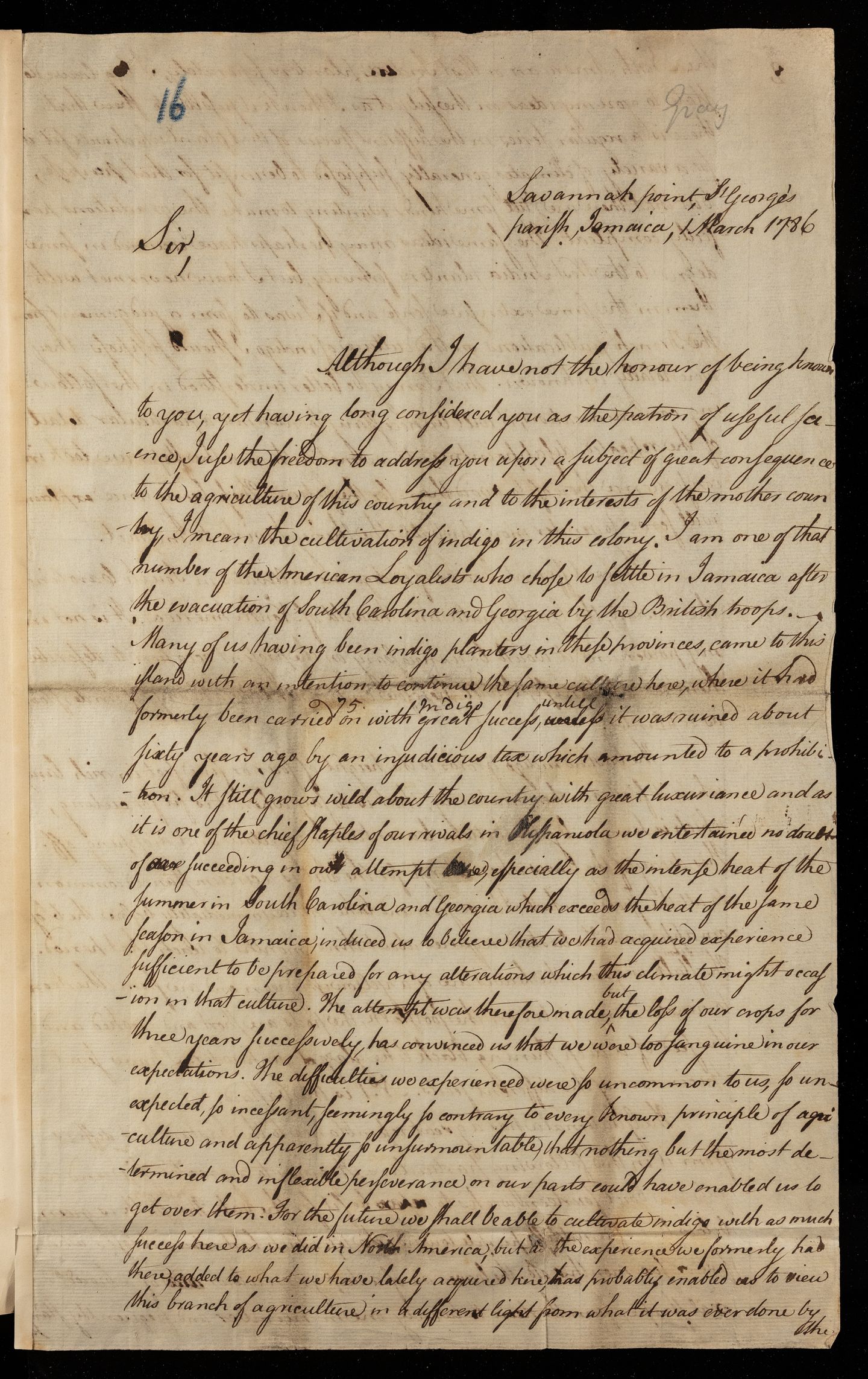 Unpublished letter, regarding cultivation of indigo in Jamaica from ...