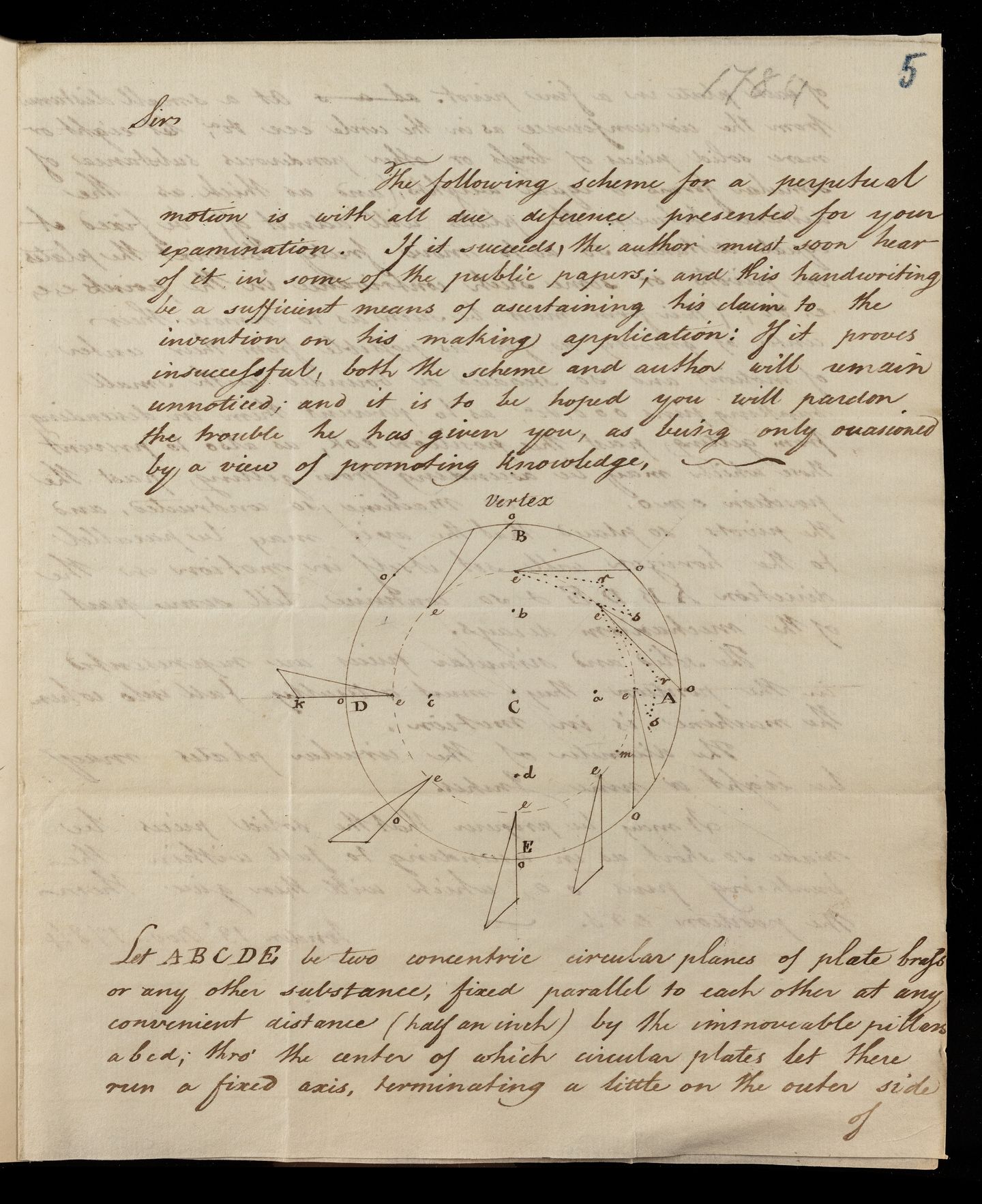 Unpublished letter, on a scheme for perpetual motion from anonymous ...