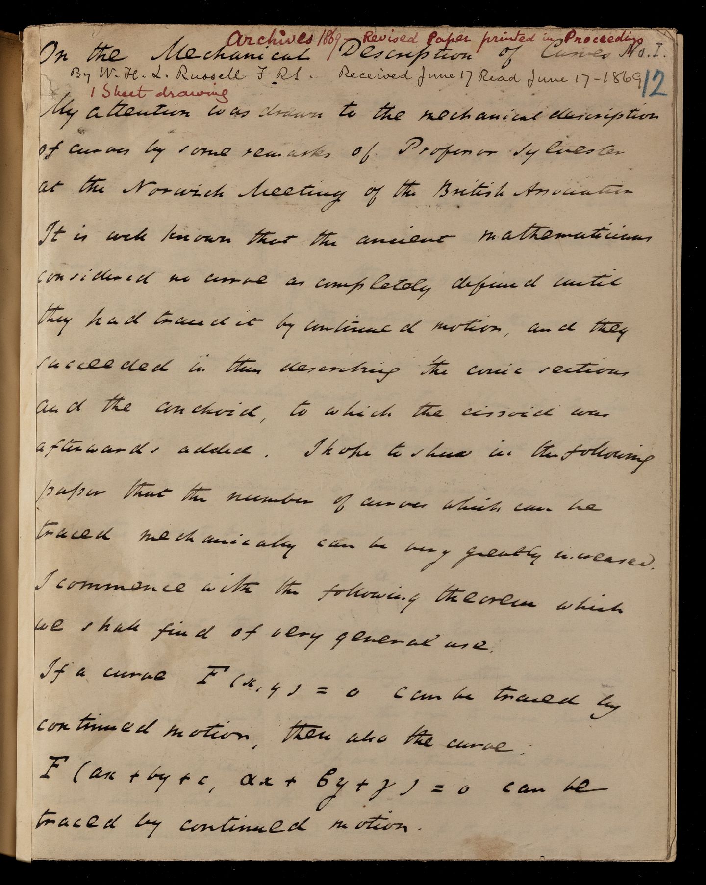 Unpublished paper, 'On the mechanical description of curves' by W H L ...