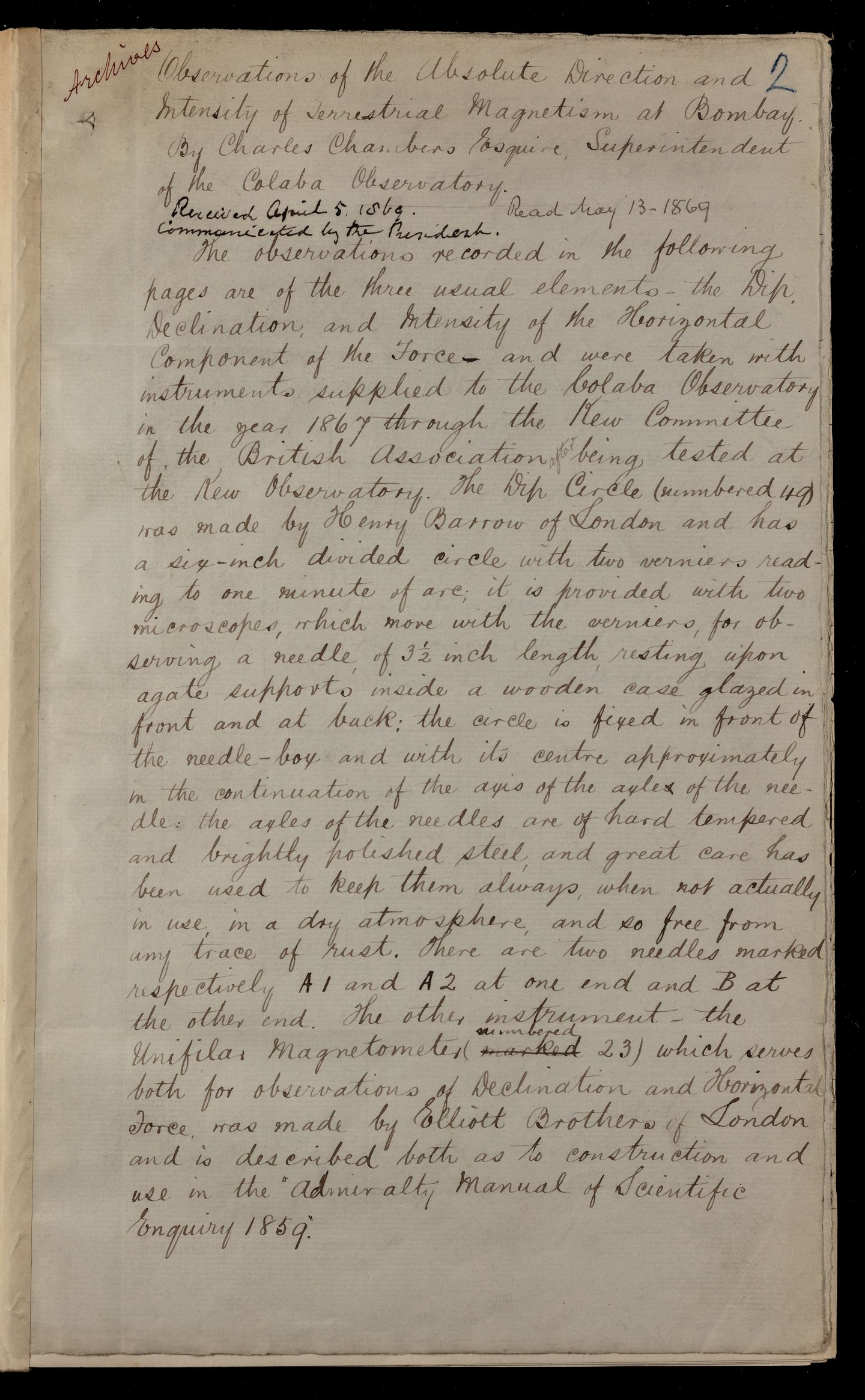 Unpublished paper, 'Observations of the absolute direction and ...