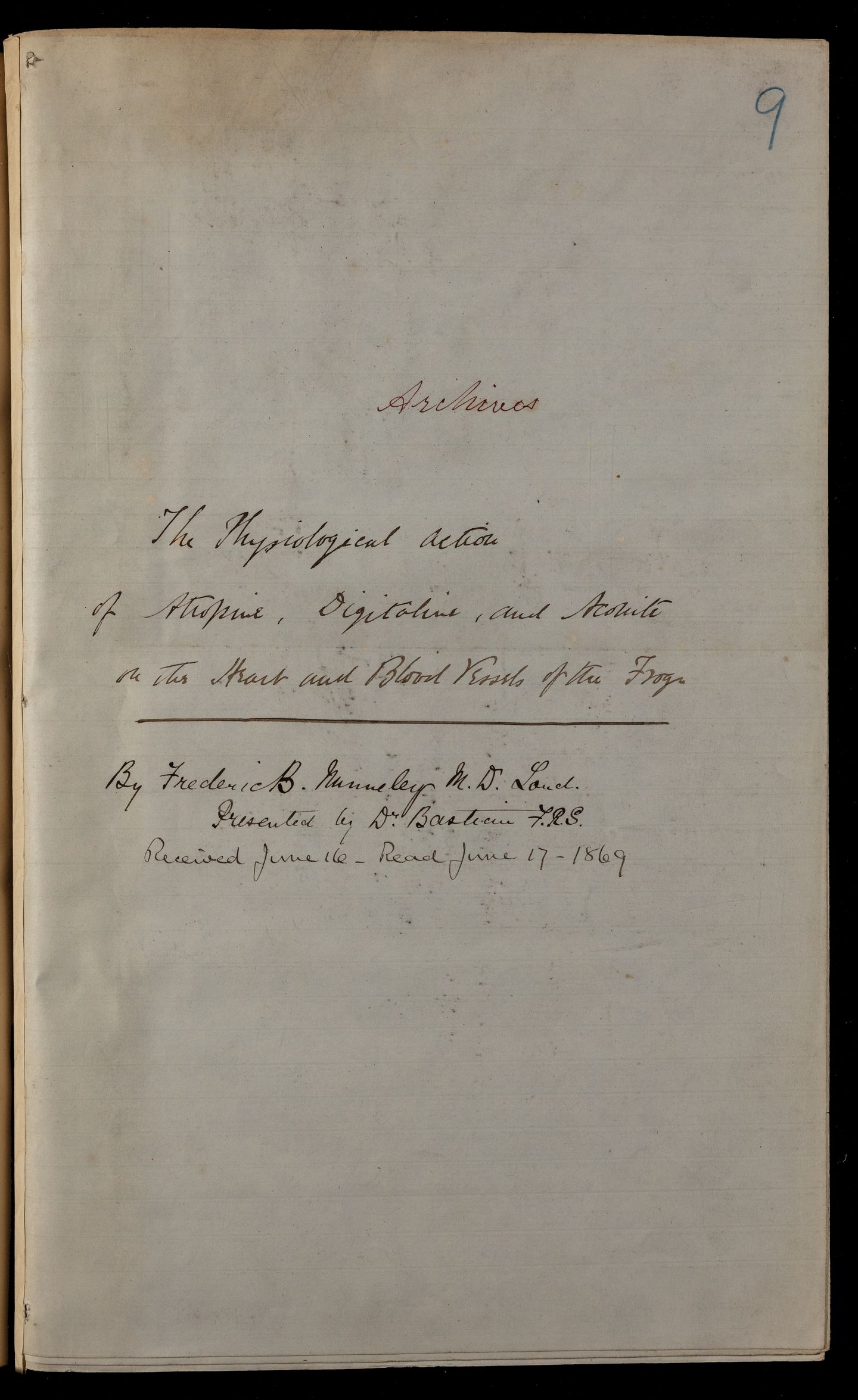 Unpublished paper, 'The physiological action of atropine, digitaline ...