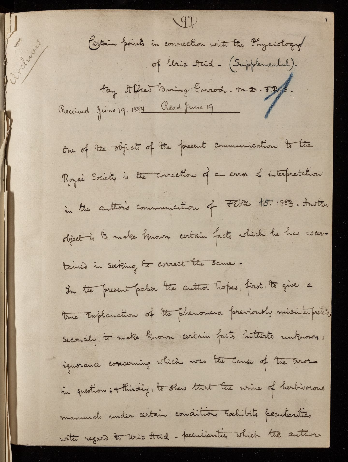 Paper, 'Certain points in connection with the physiology of uric acid ...