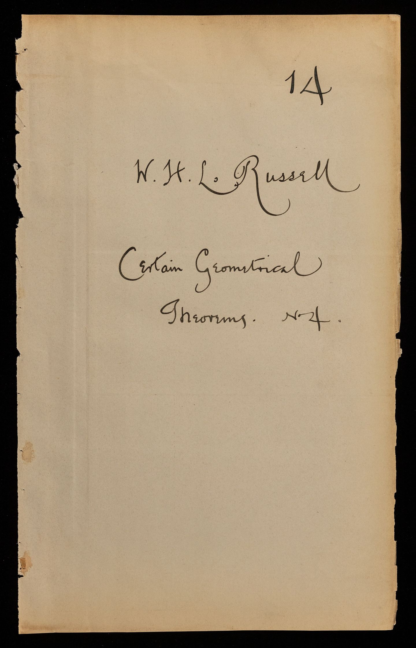 Unpublished paper, 'On certain geometrical theorems' by W H L [William ...